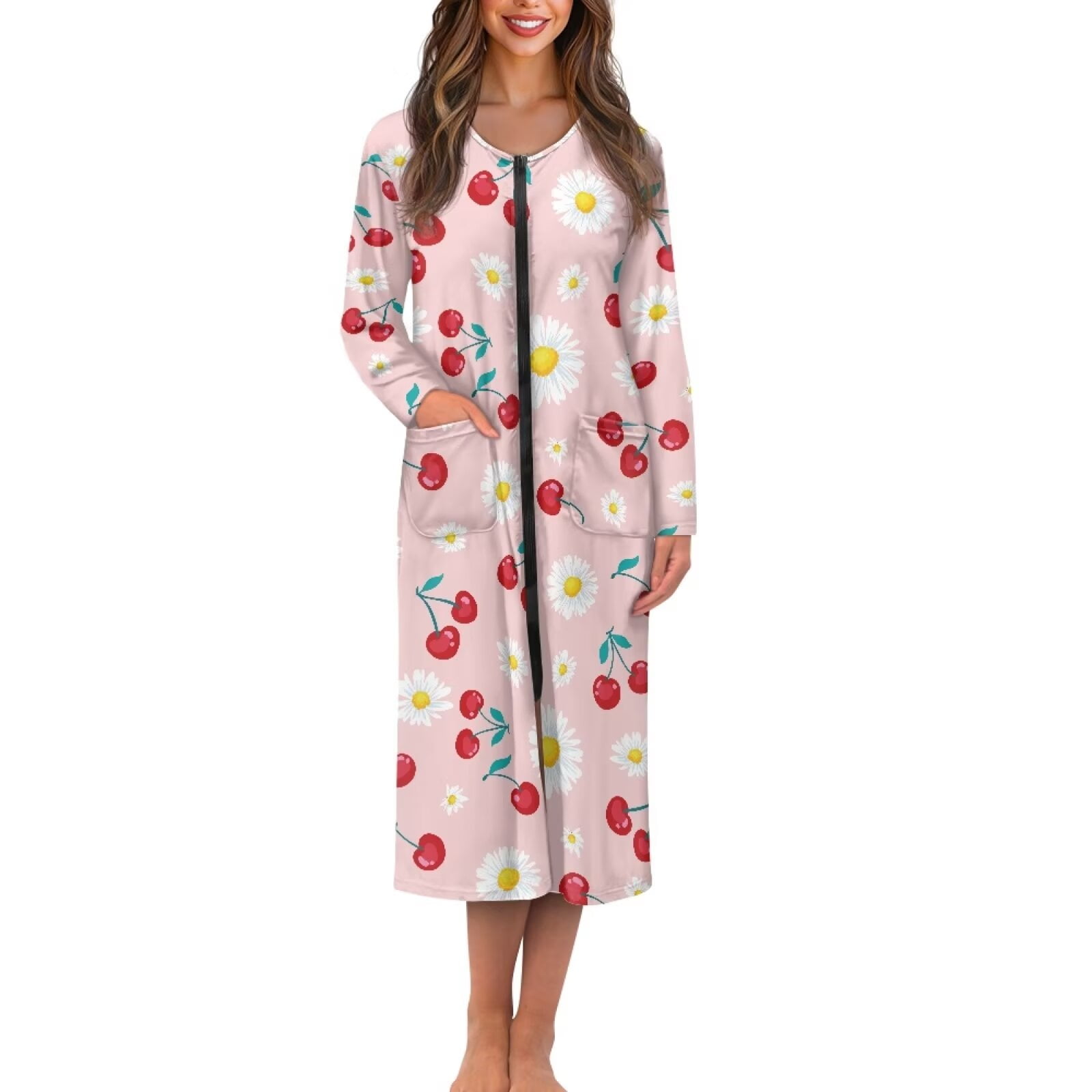 FKELYI Daisy Flower Cherry Print Zipper Front Robes for Women ...