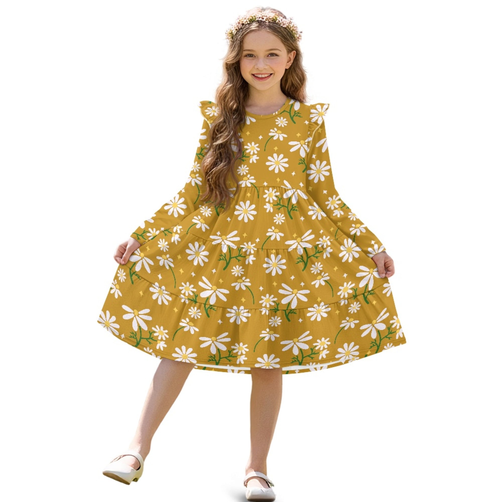 FKELYI Daisy Flower Print Toddler Girl Long Sleeve Dress Breathable A ...