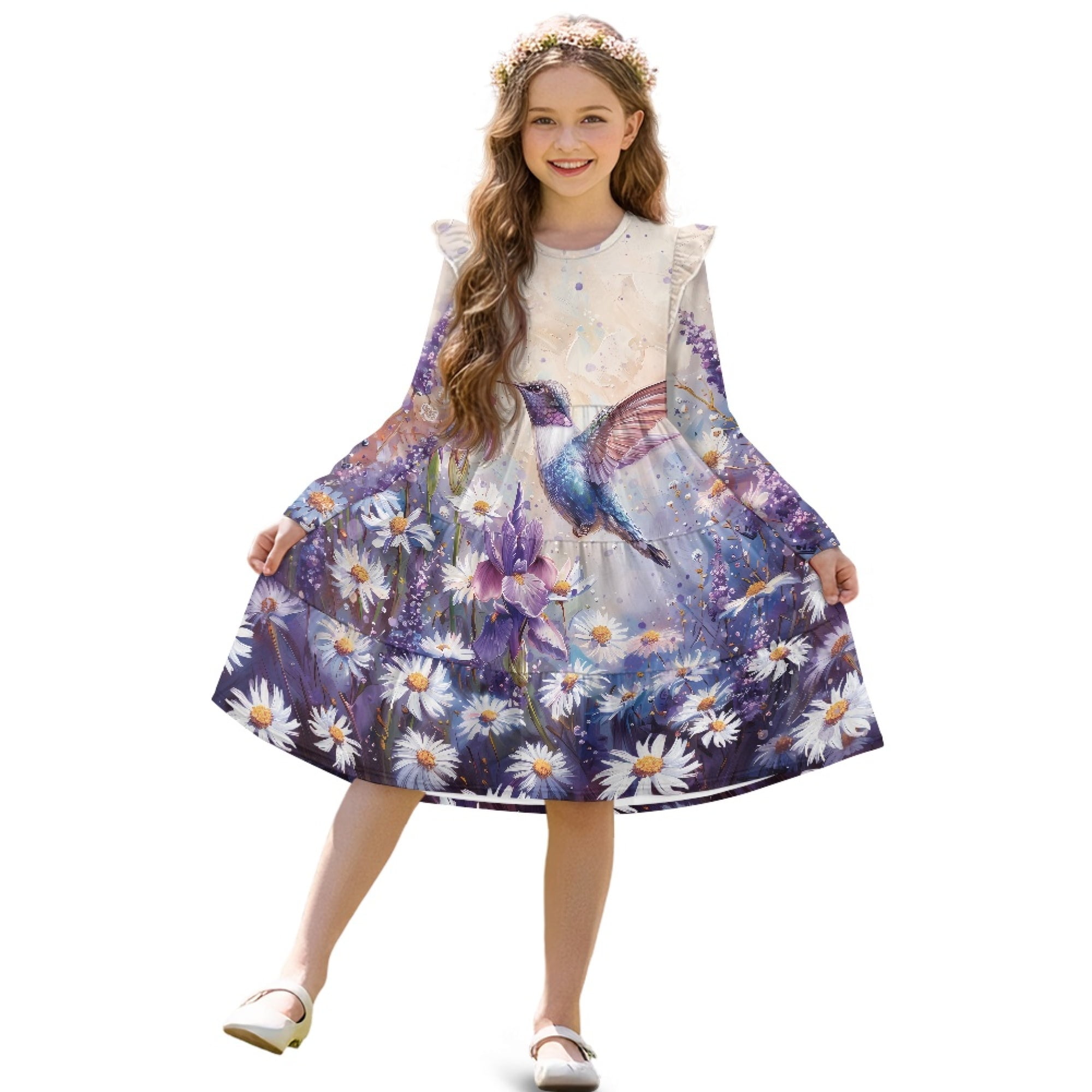 FKELYI Daisy Lavender Hummingbird Print Girls Long Sleeve Dress for ...