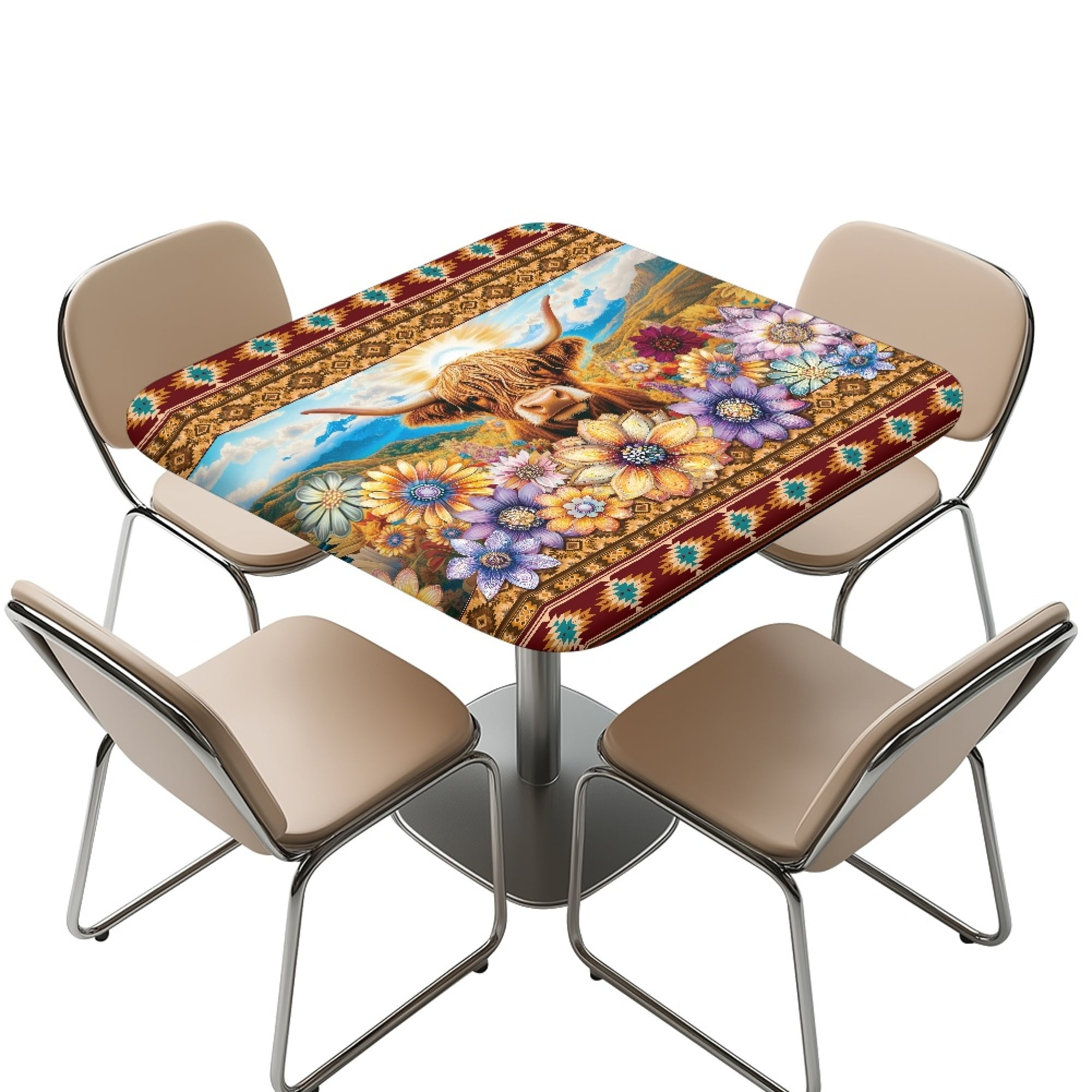 FKELYI Elastic Tablecloth American Tribal Highland Cow Print Square ...