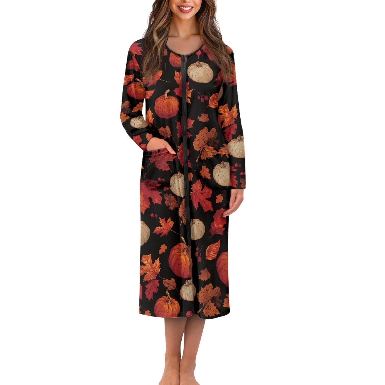 FKELYI Fall Maple Leaf Pumpkin Print Fall Zipper Front Robes Nightgownd ...