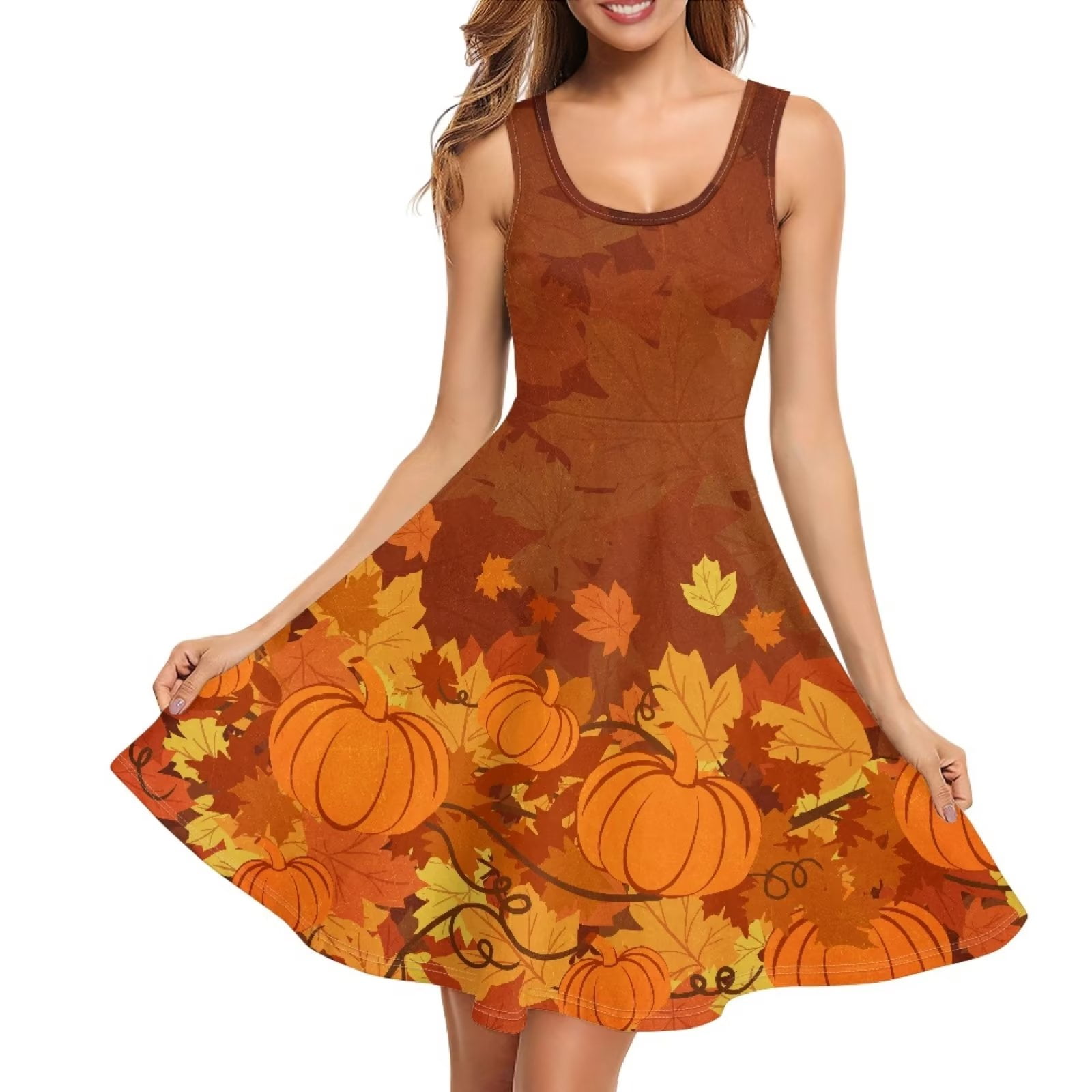 FKELYI Fall Maple Leaf Sleeveless Dress for Women Elastic Vest Dress ...