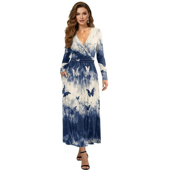 FKELYI Fall Maxi Dress for Women Long Sleeve A-Line Flowy Dresses with ...