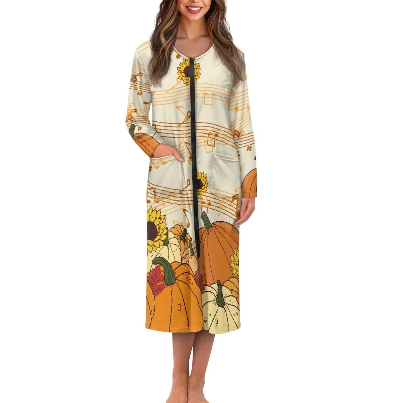FKELYI Fall Pumpkin Musical Note Sunflower Print Zipper Front Robes for ...