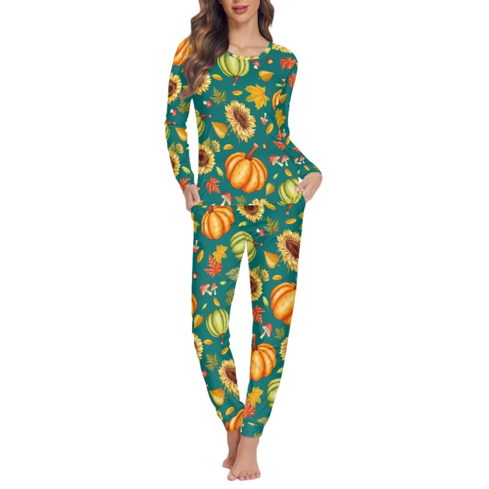 FKELYI Fall Sunflower Women Pajamas 2 Pieces Elastic Thanksgiving ...
