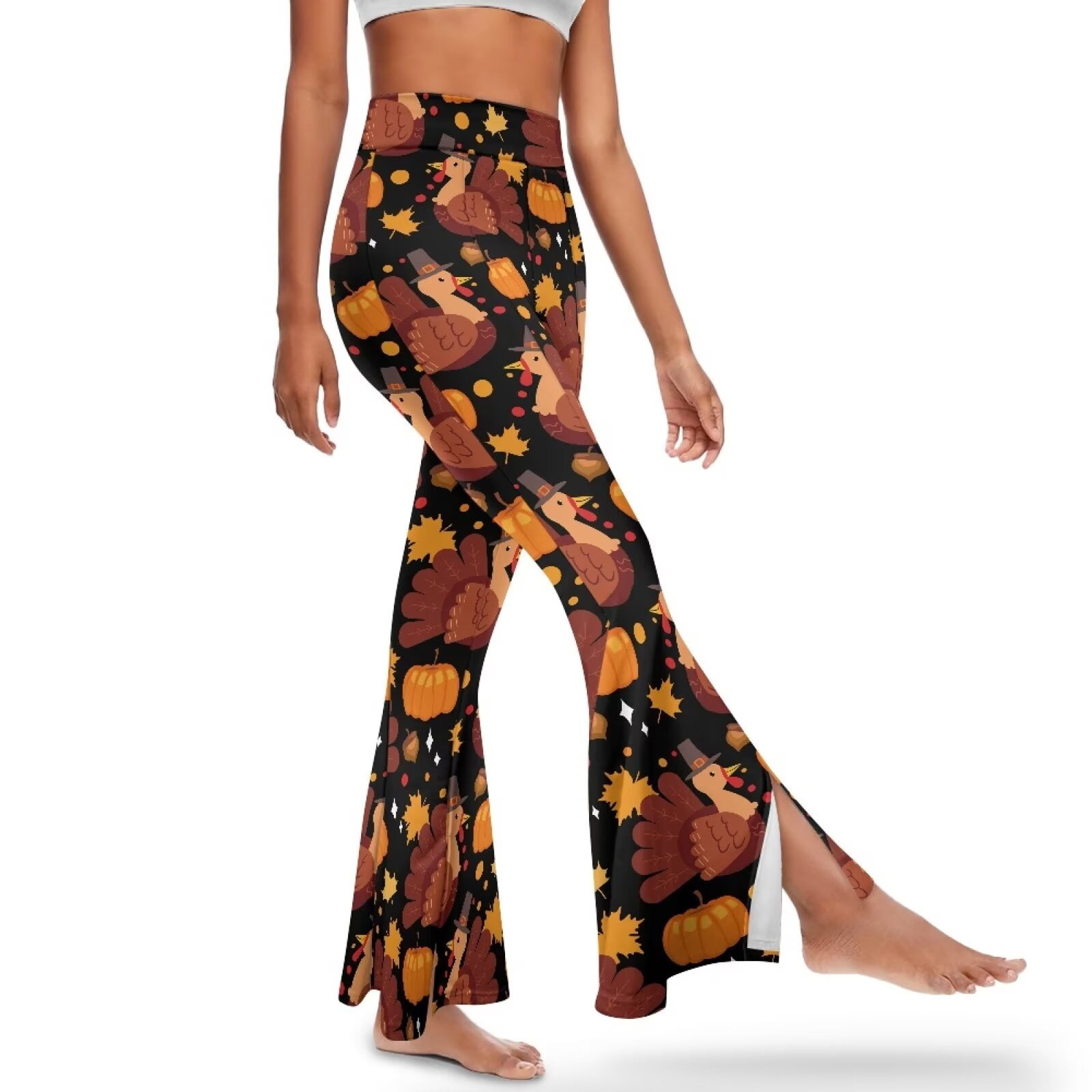 FKELYI Fall Turtkey Pimpkin Leaf Print Yoga Pants Women's Flared ...