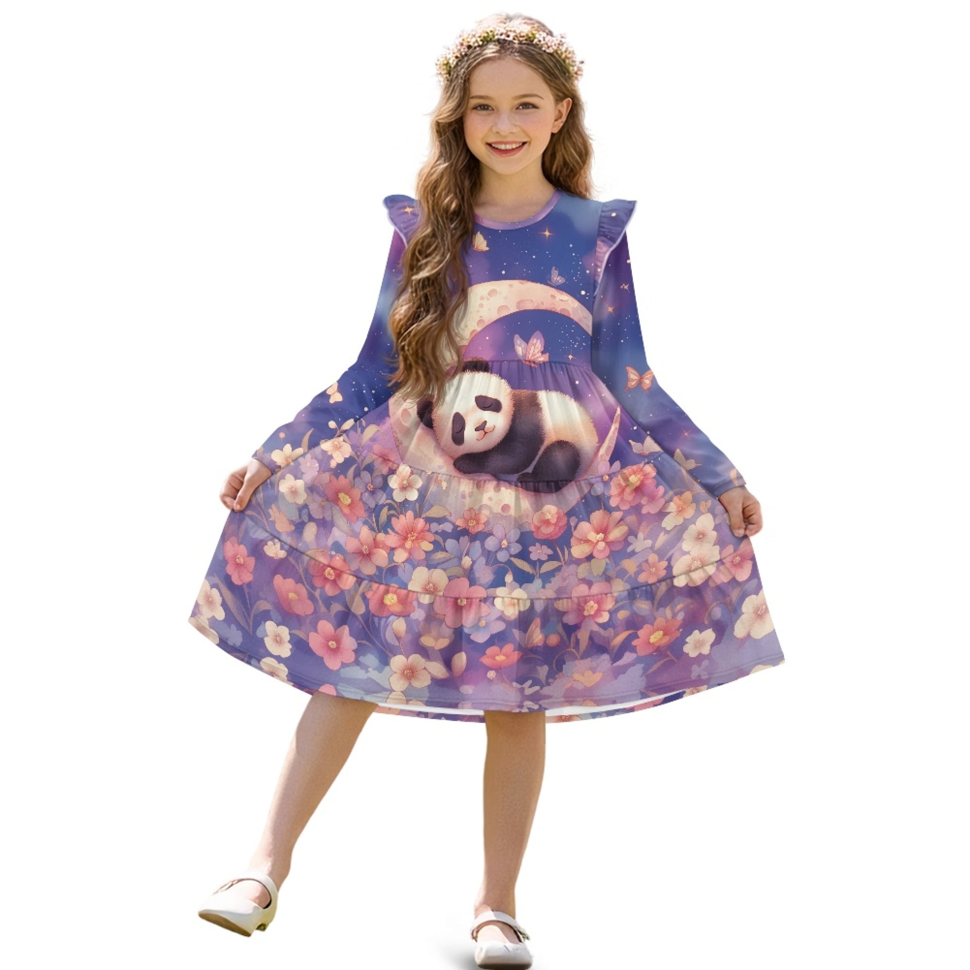 FKELYI Floral Panda Moon Starry Print Girls Long Sleeve Dress for Fall ...