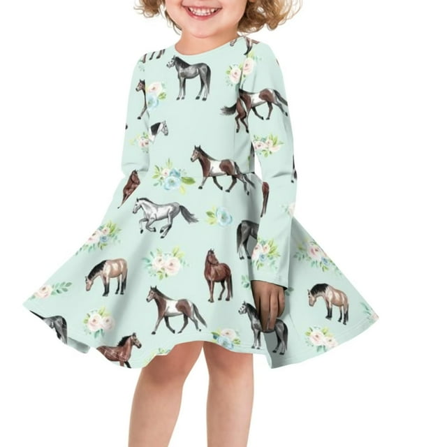 FKELYI Flower Horses Long Sleeve Dresses Size 7-8 Breathable Long ...