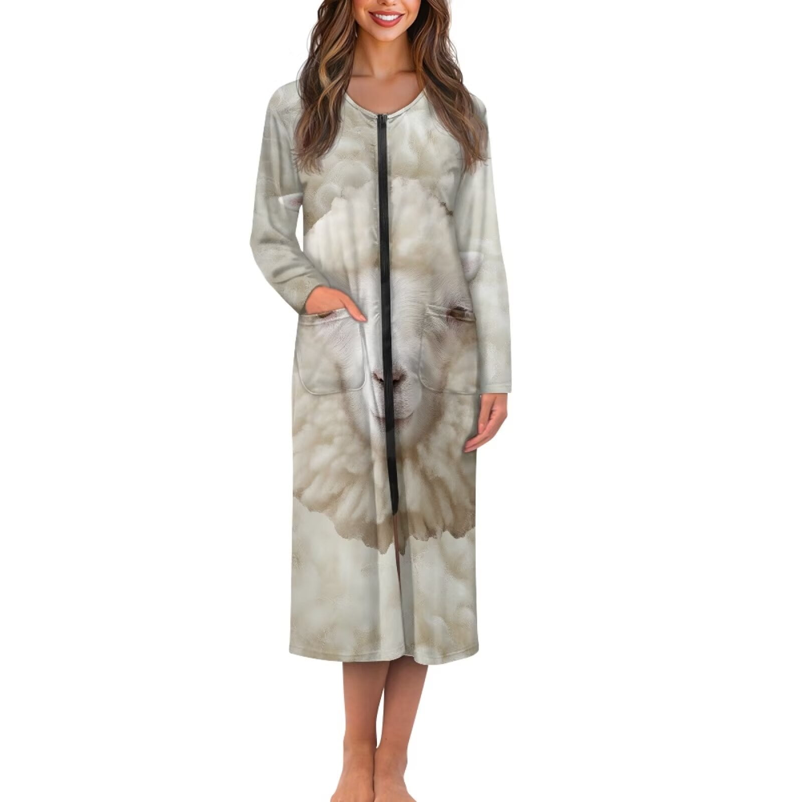 FKELYI Funny Lamb Print Zipper Front Nightgown Zipepred Robes for Women ...