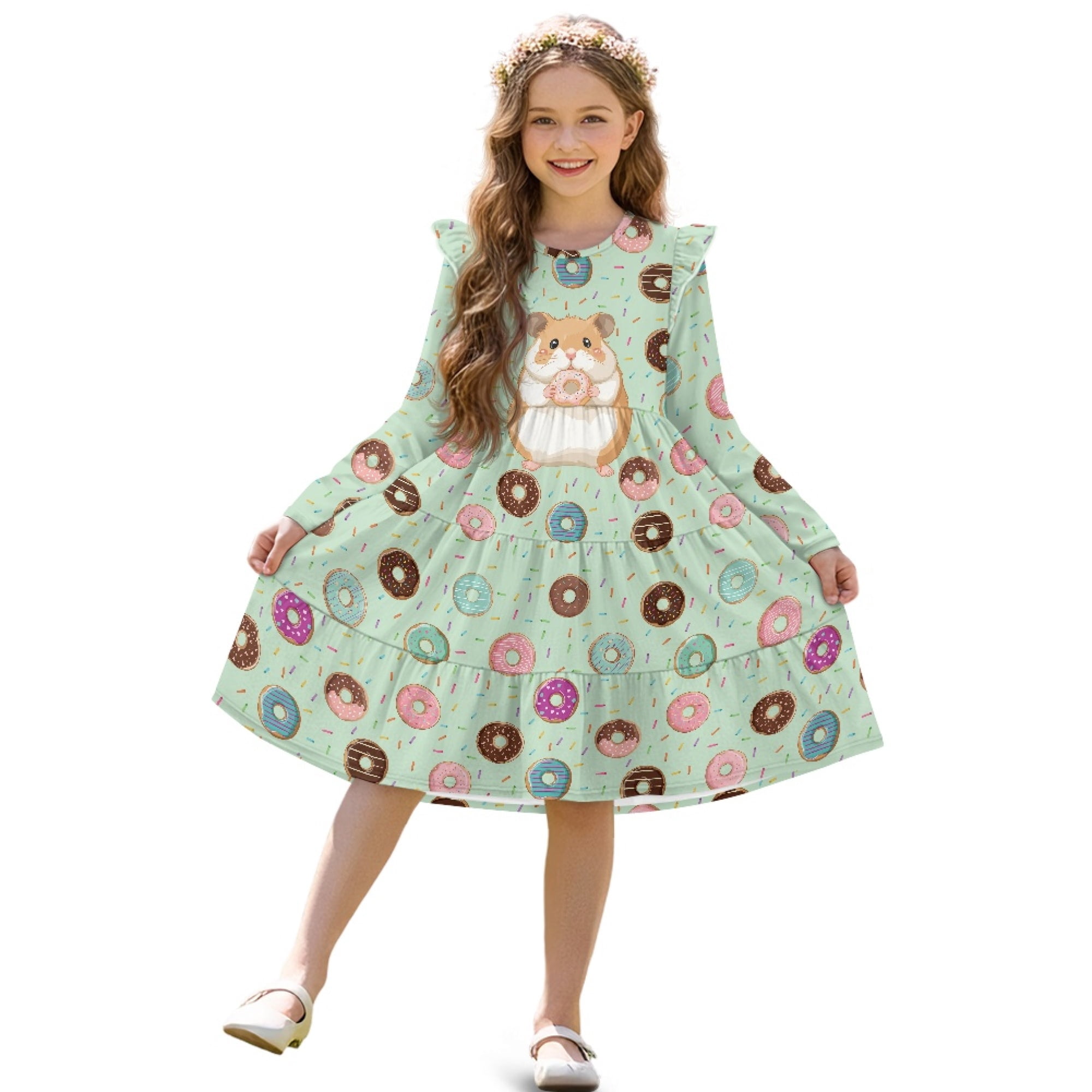 FKELYI Girl Long Sleeve Dress Hamster Donut Green Print Ruffle Sleeve ...