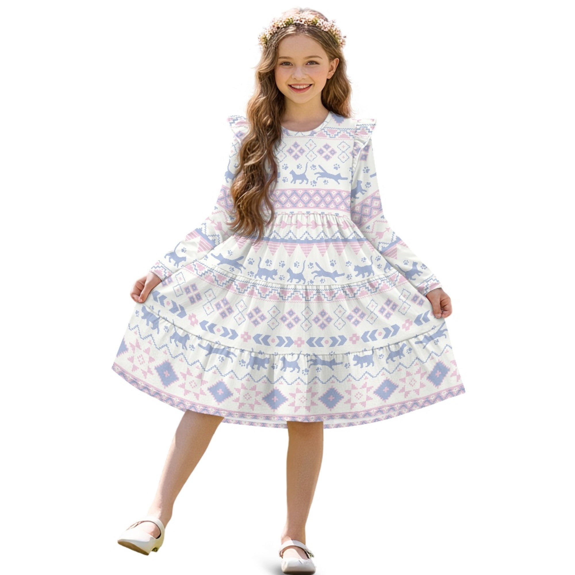 FKELYI Girl Long Sleeve Dress Ruffle Sleeve Crew Neck Trim Dress for ...