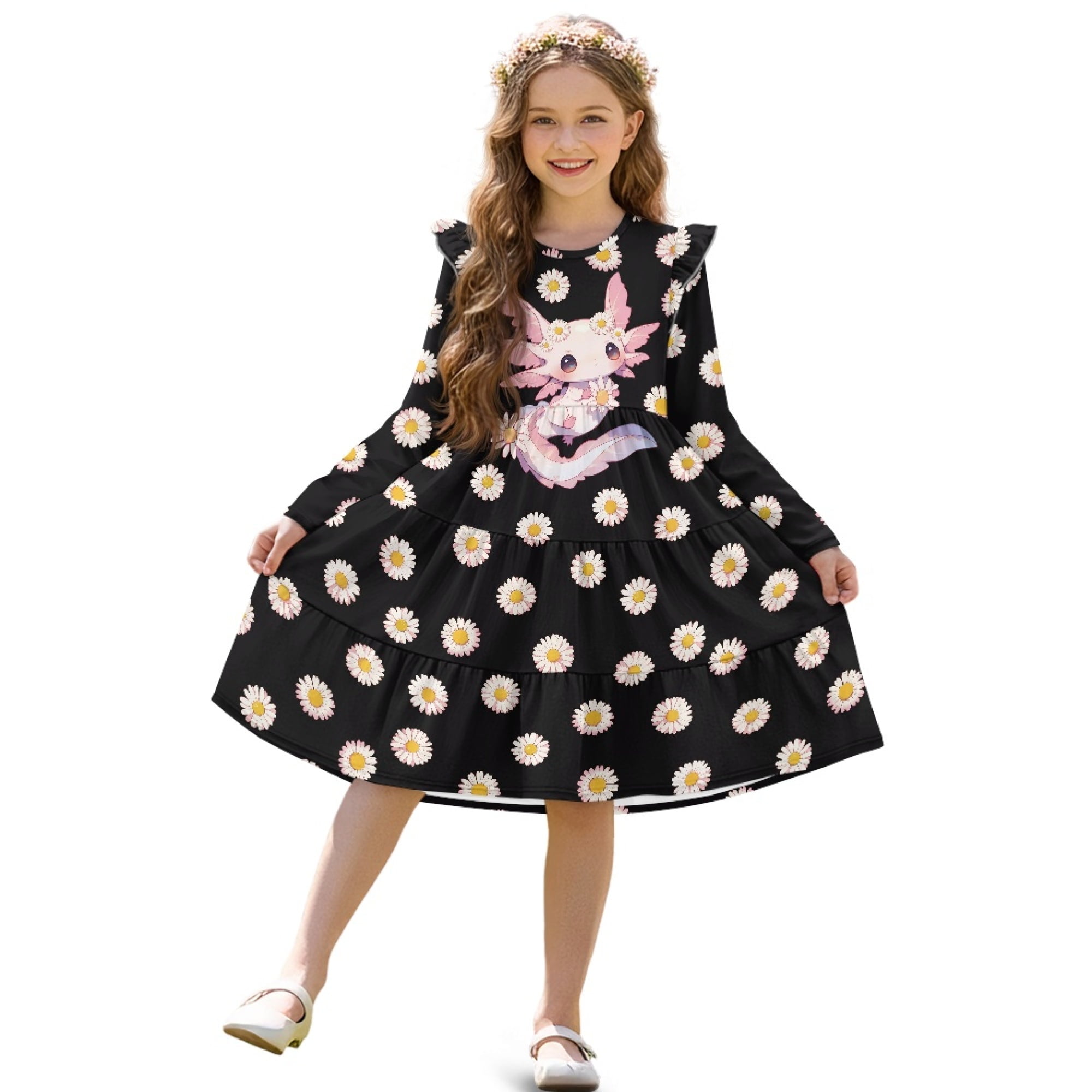 FKELYI Girl Long Sleeve Dress Ruffle Sleeve Crew Neck Trim Dress for ...