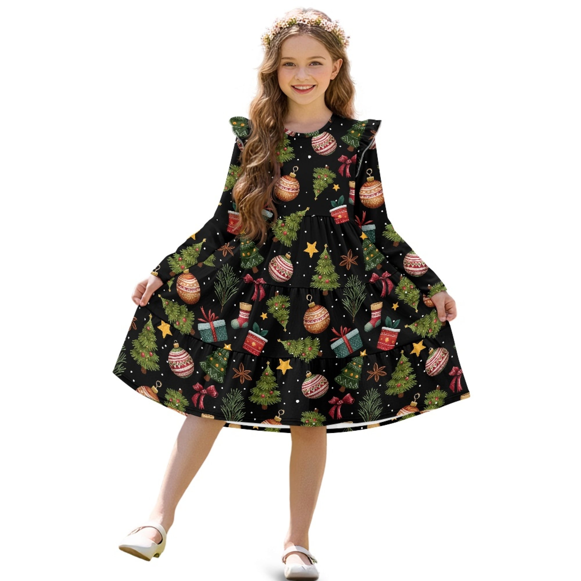 FKELYI Girls Crewneck Dress A-Line Tiered Swing Dress Ruffle Long ...
