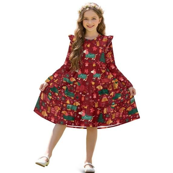 FKELYI Girls Crewneck Dress Red Christmas Tree Dachshund Dog Print A ...