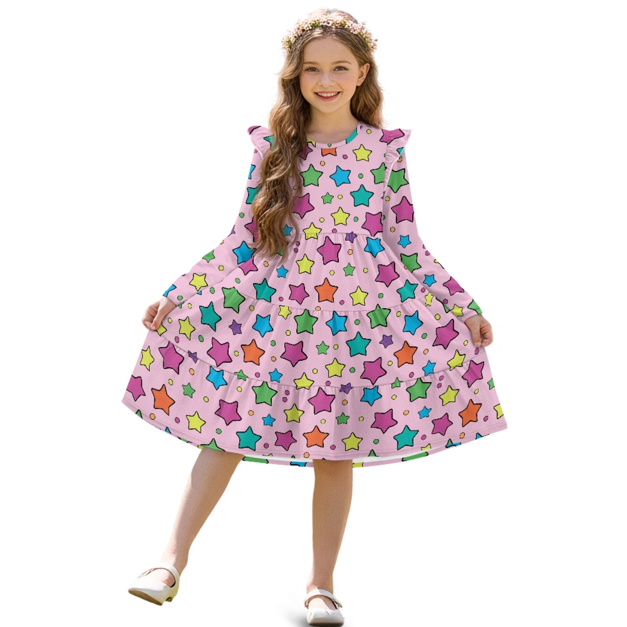 FKELYI Girls Ruffle Sleeve Dress A Line Twirly Dress for Kids Colorful ...