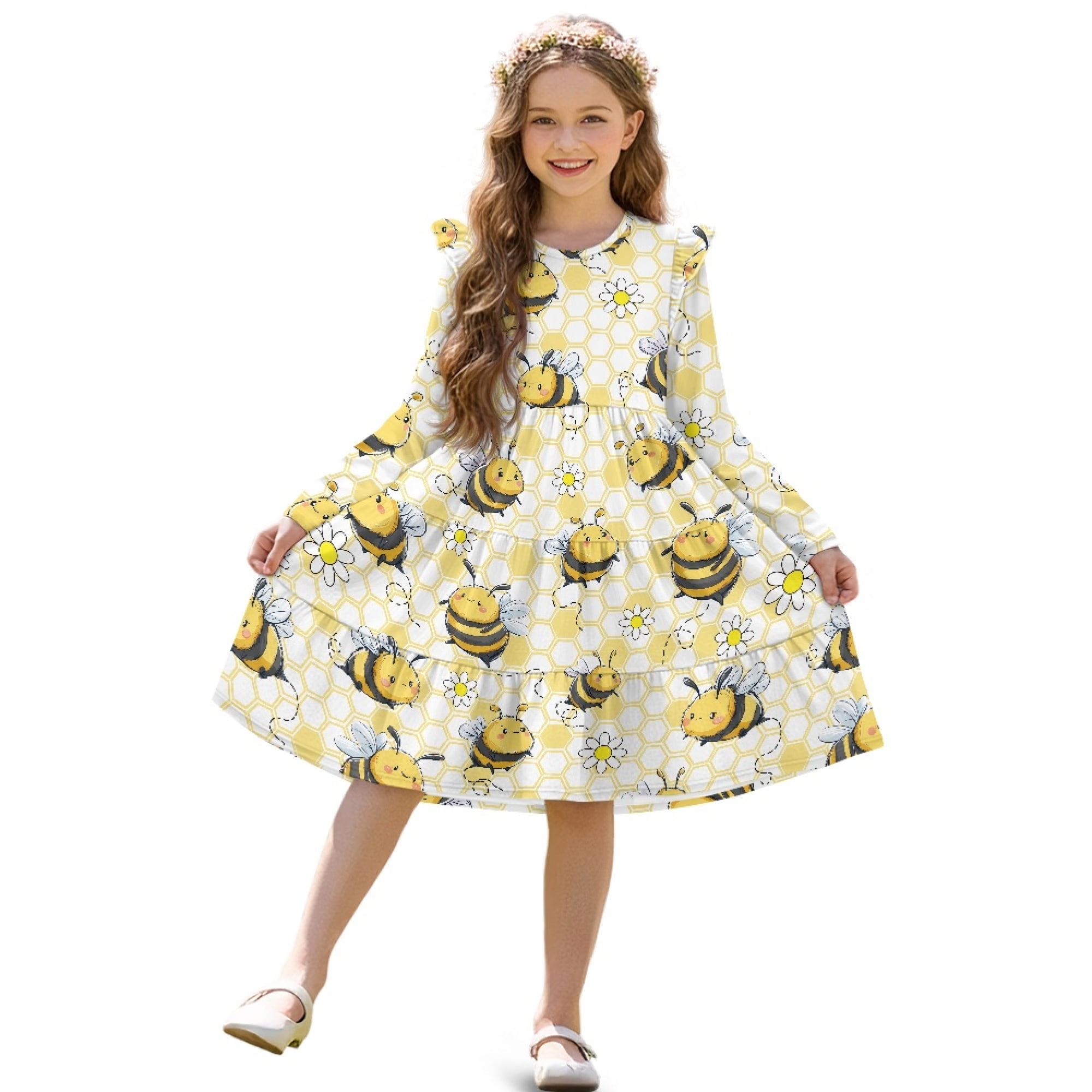 FKELYI Girls Ruffle Sleeve Dress Floral Bee Yellow Print A Line Twirly ...