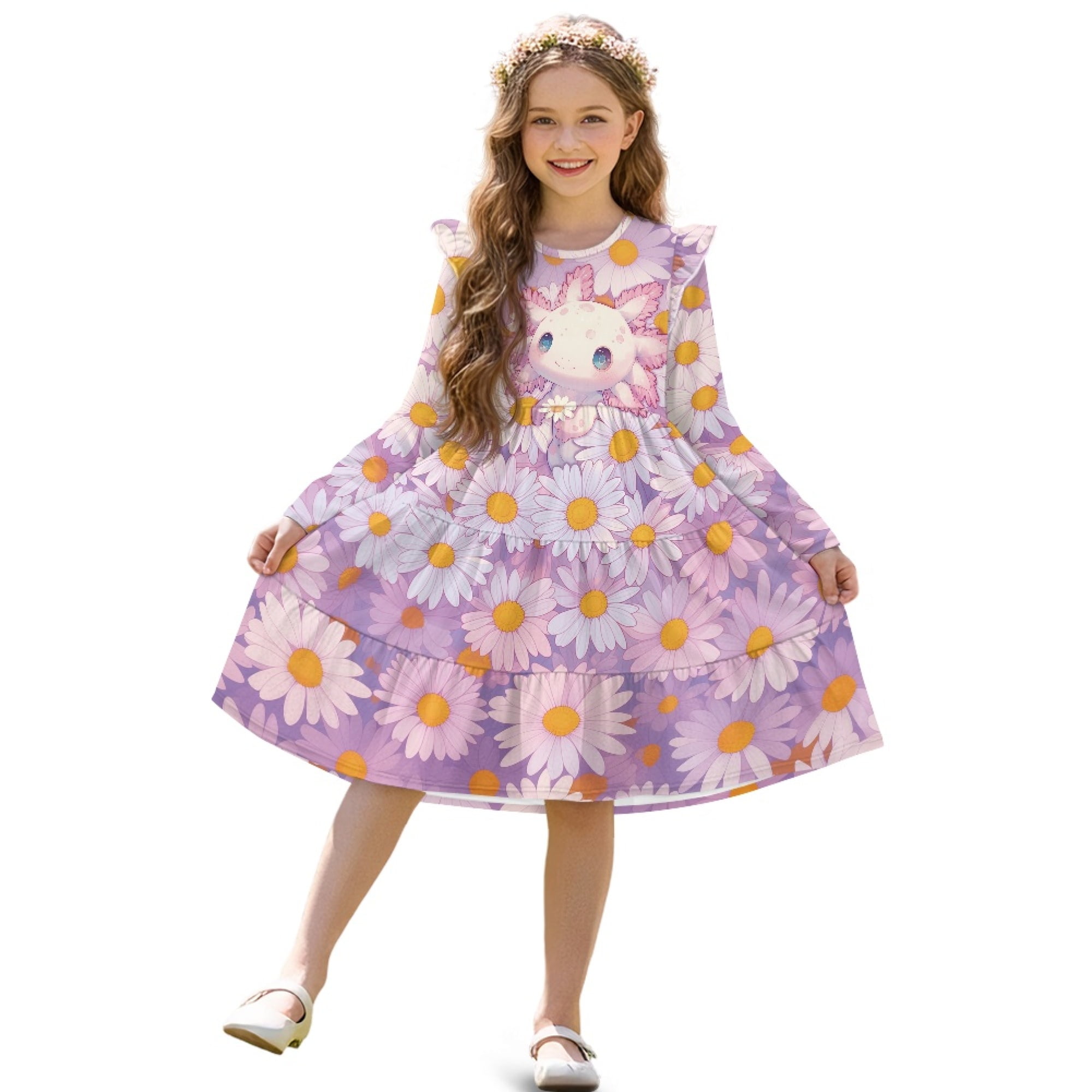 FKELYI Girls Ruffle Sleeve Dress A Line Twirly Dress for Kids Midi Soft ...