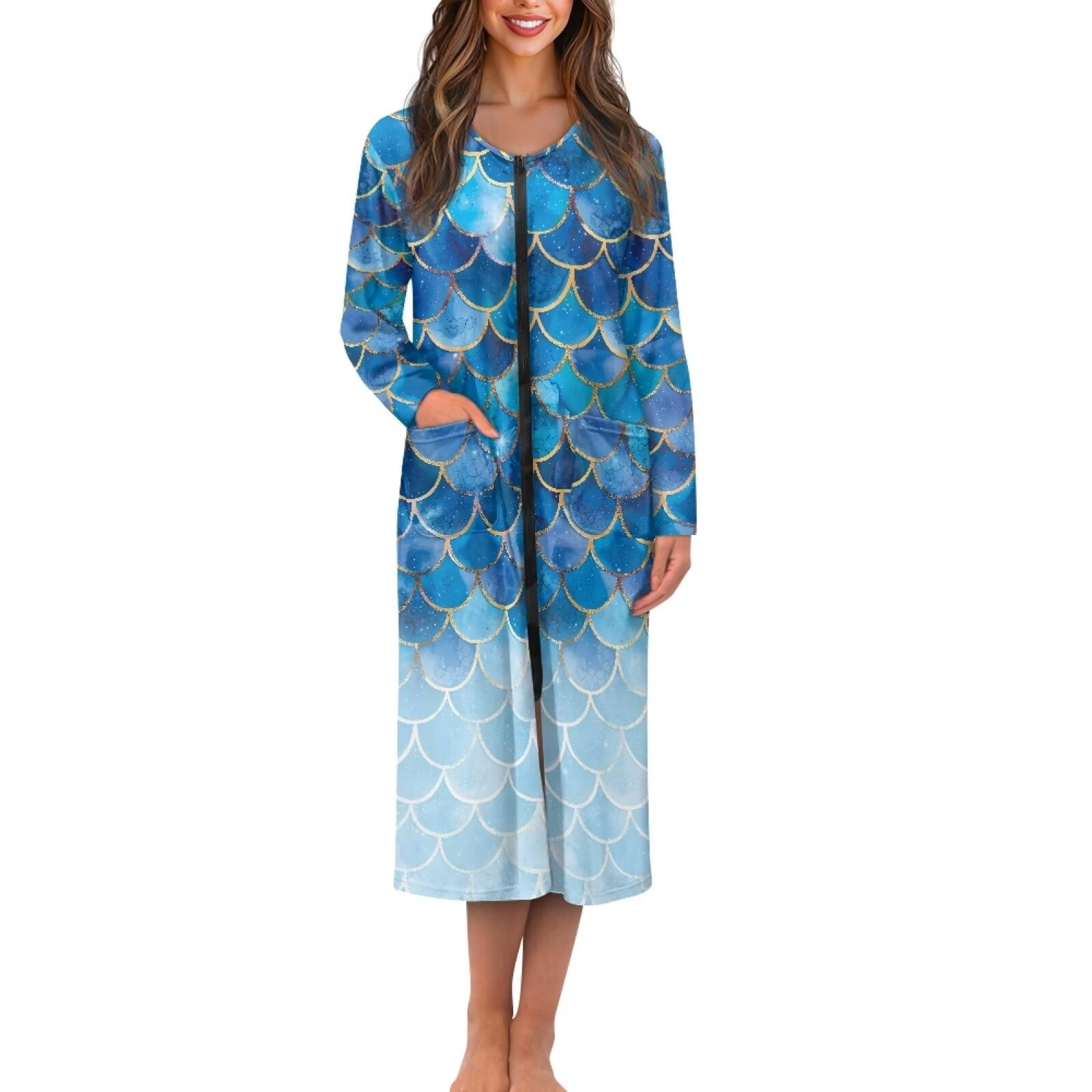 FKELYI Gradient Fish Scale Print Zipper Front Nightgown for Women Comfy ...