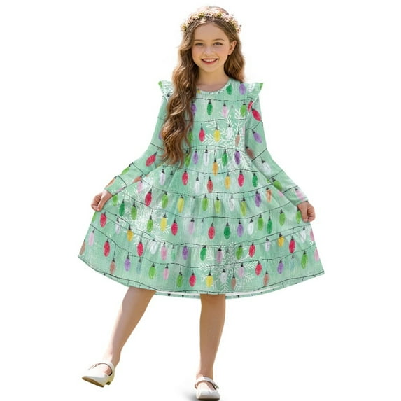 FKELYI Green Christmas Bulb Print Long Sleeve Dress for Girls Tiered ...