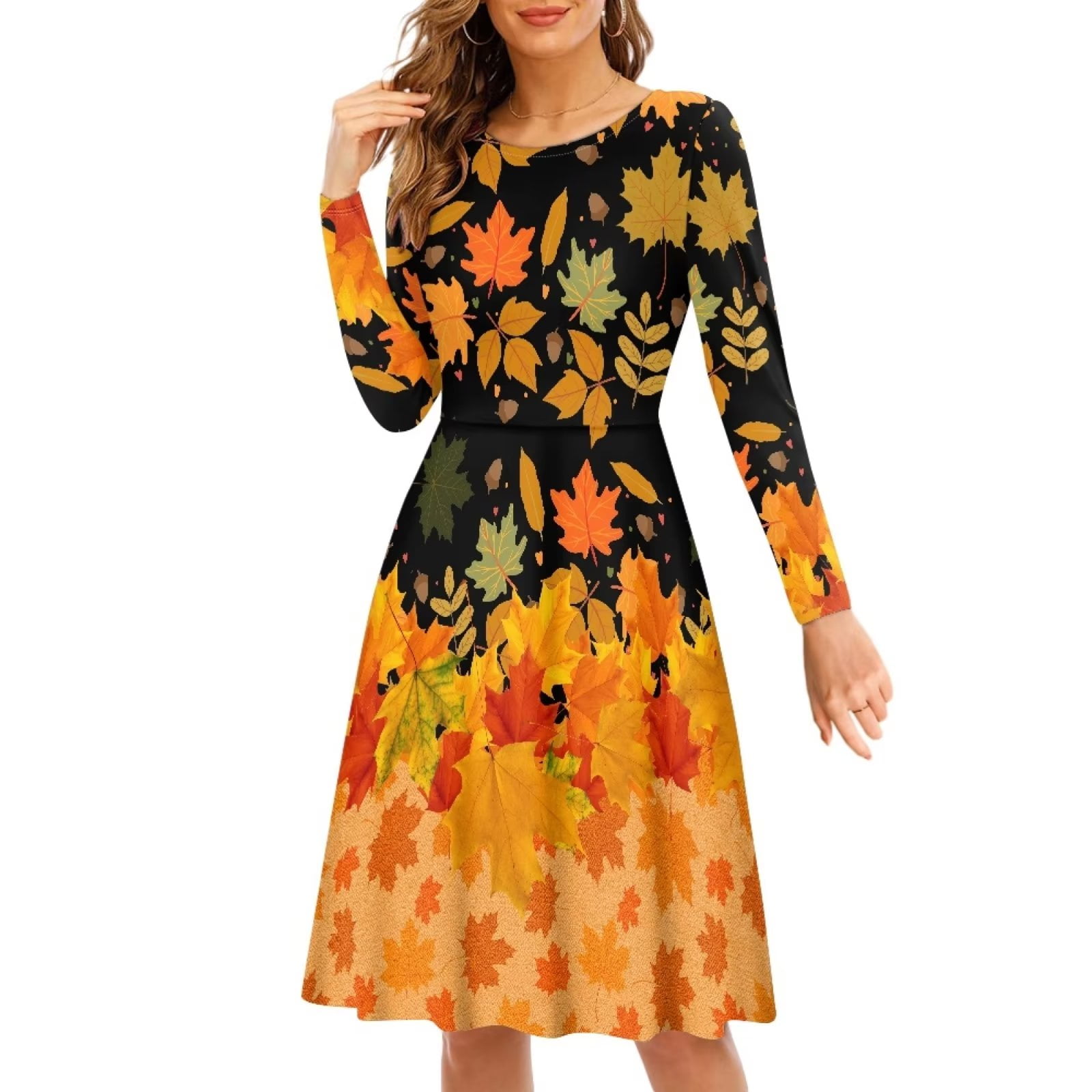 FKELYI Hallo Fall Women Dress Soft Thanksgiving Maple Leaf Long Sleeve ...
