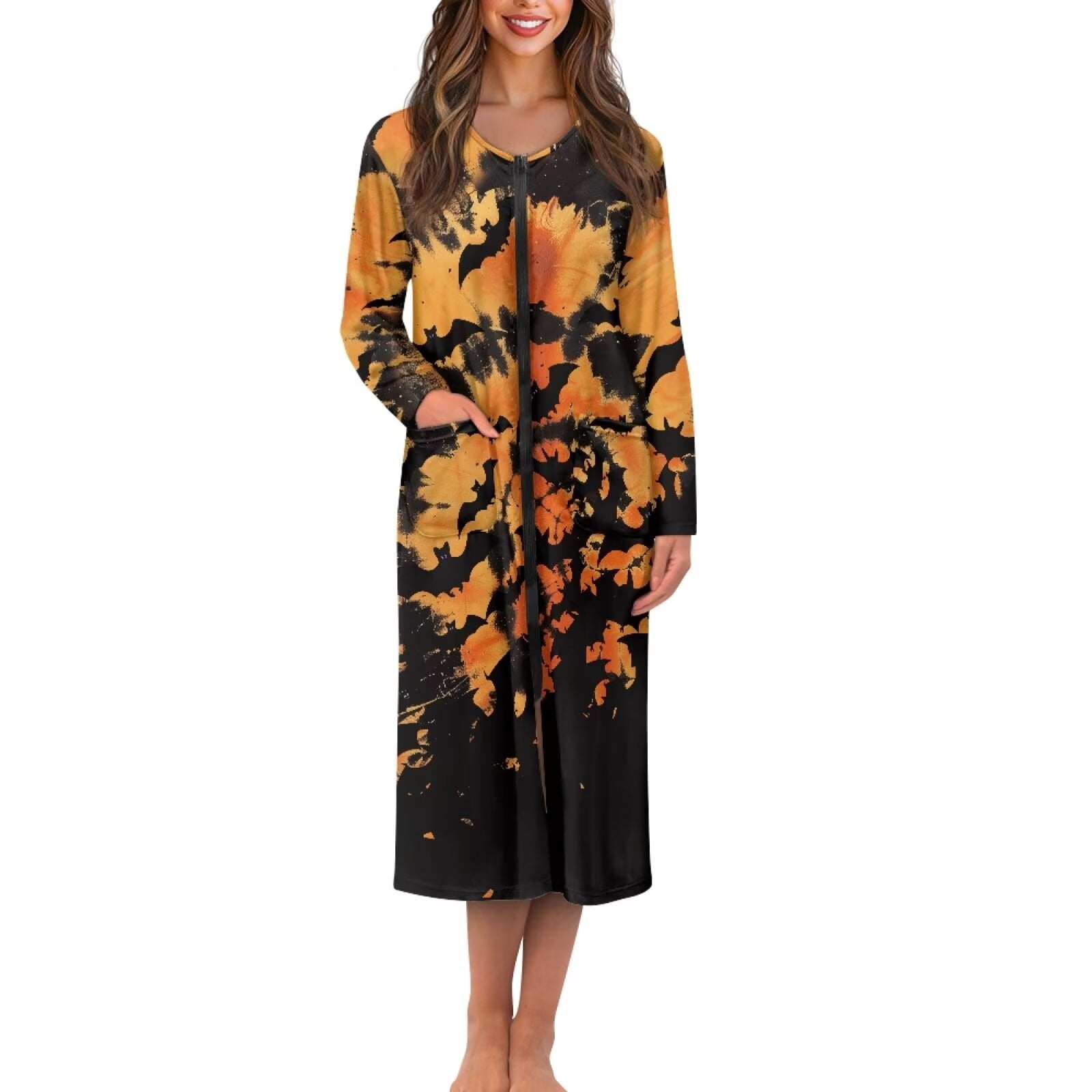 FKELYI Halloween Bat Print Women Zip Up Robe Nightgowns Comfy Full ...