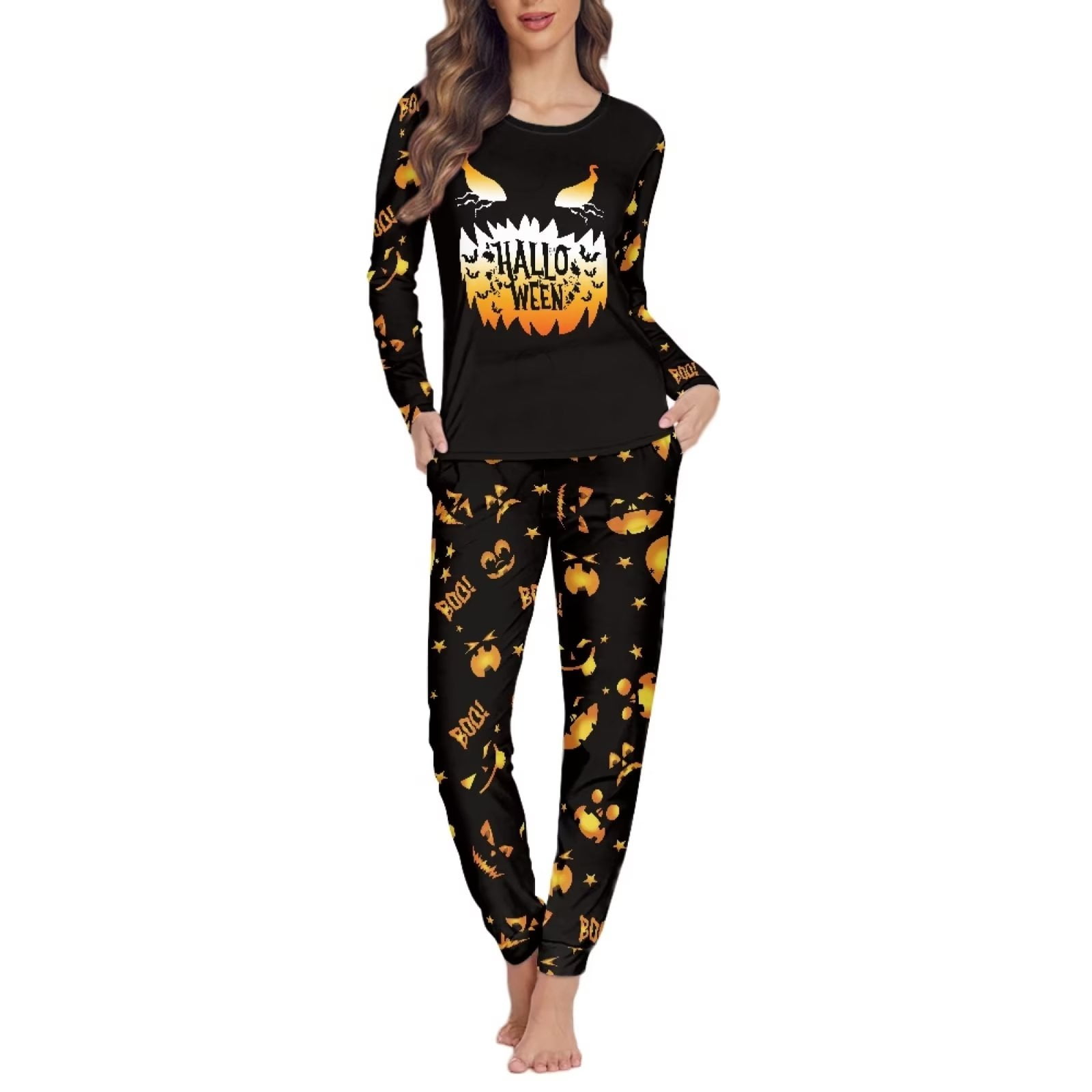 FKELYI Halloween Ghost Women Pajama Size M Polyester Pumpkin Crew Neck ...