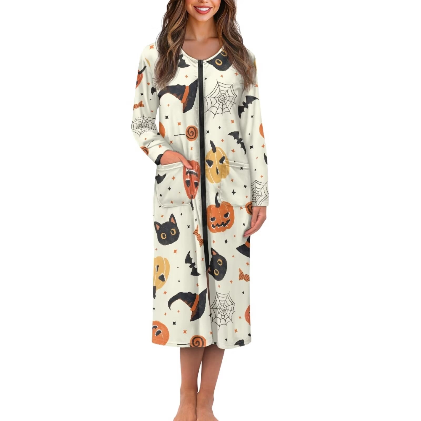 FKELYI Halloween Pumpkin Cartoon Cat Bat Print Women Zip Up Robe ...