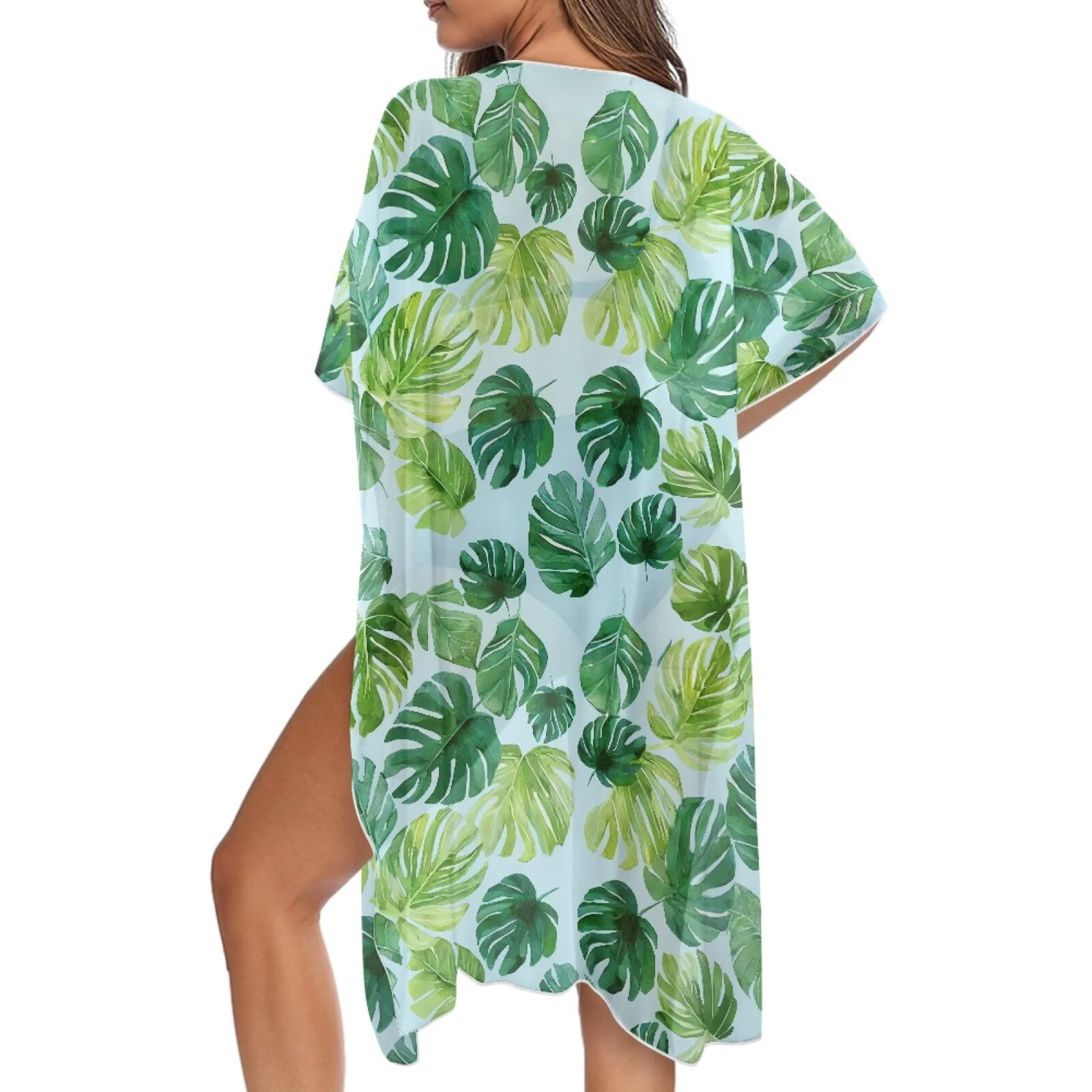 FKELYI Monstera Leaf Print Womens Kimono Coverup Summer Beach Cover Up ...