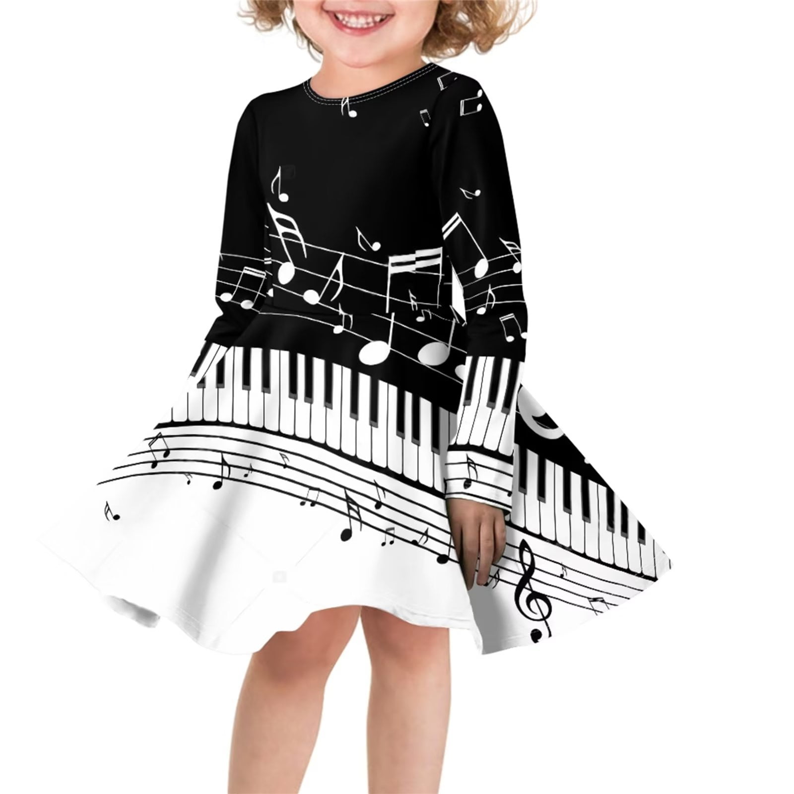 FKELYI Music Notes Long Sleeve Dress Breathable Crew Neck Girls Midi ...