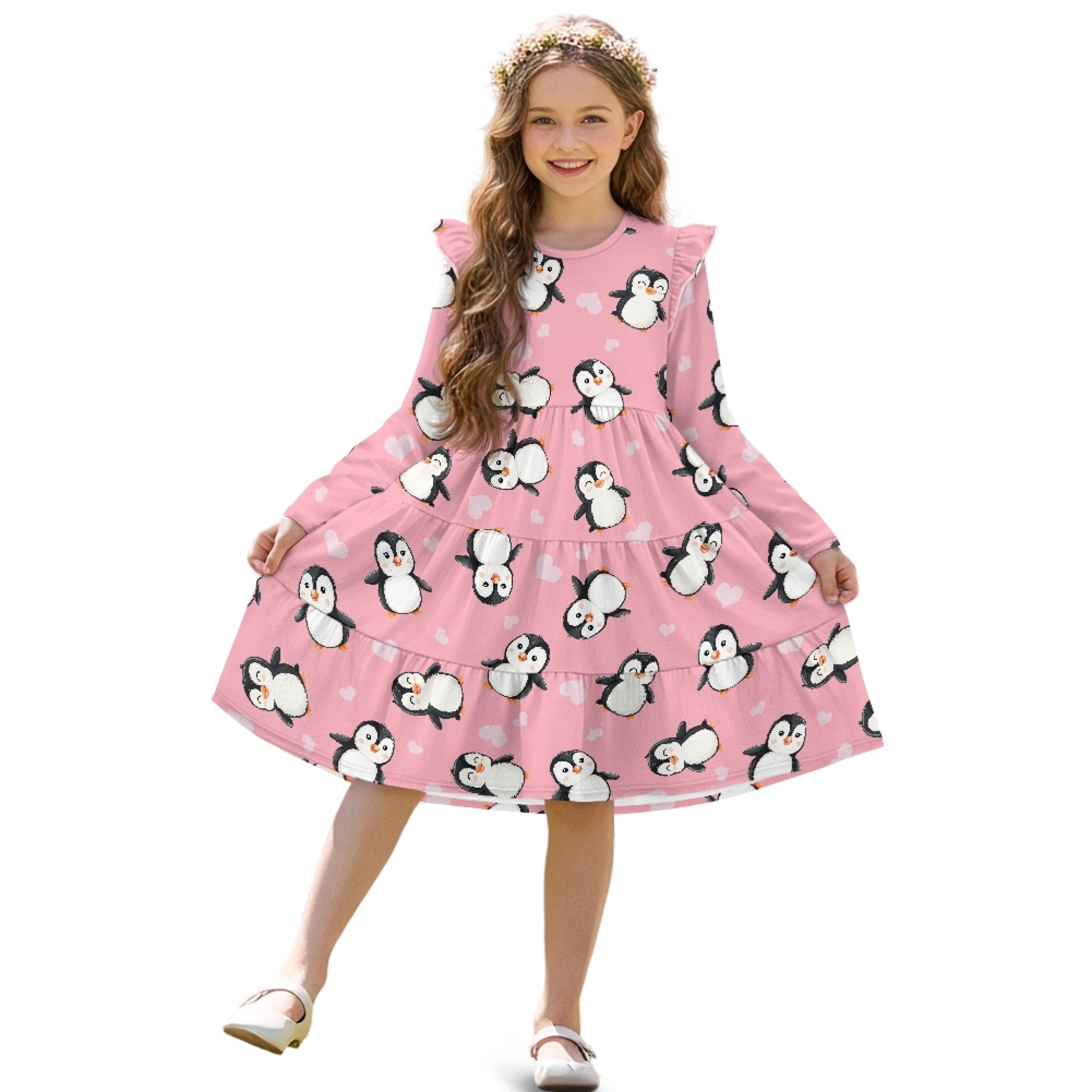 FKELYI Penguine Pink Love Print Girl Long Sleeve Dress Ruffle Sleeve ...