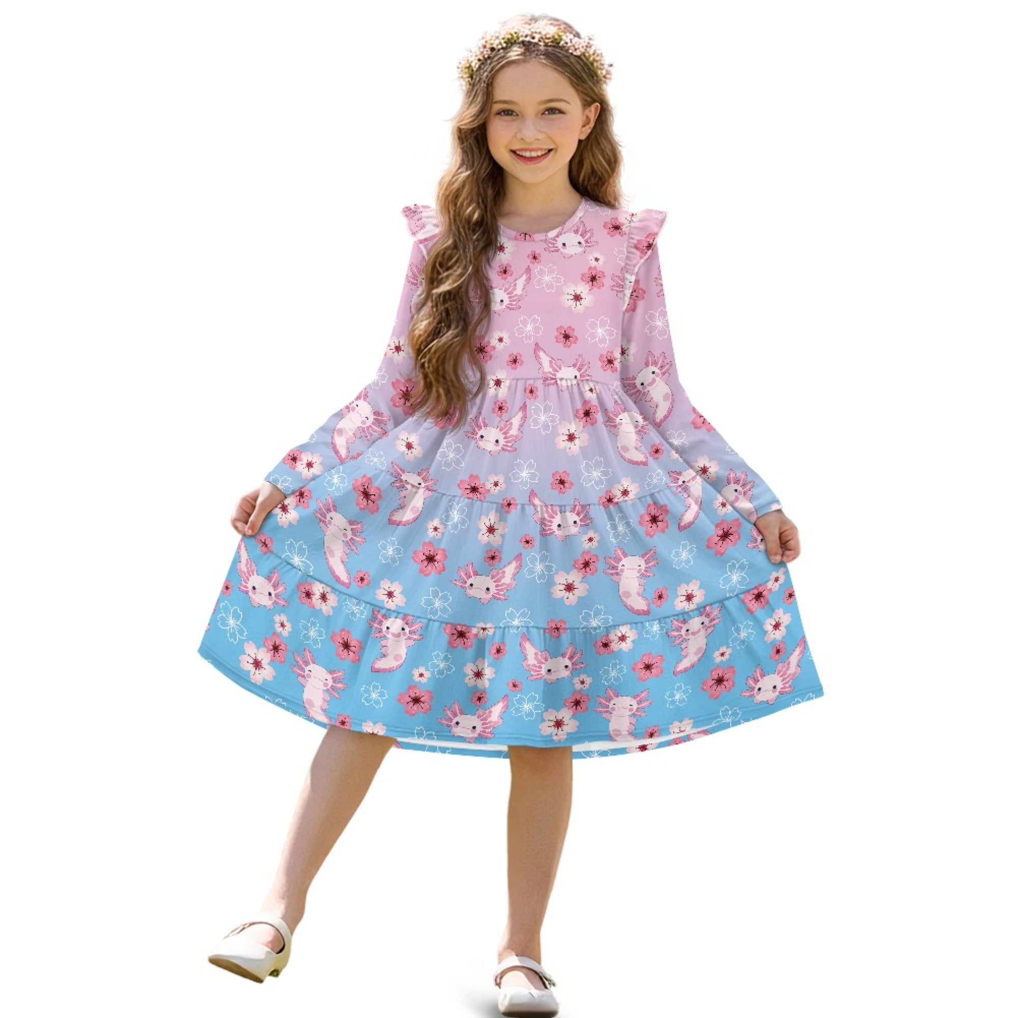 FKELYI Pink Axolotl Cherry Flower Print Toddler Girl Long Sleeve ...