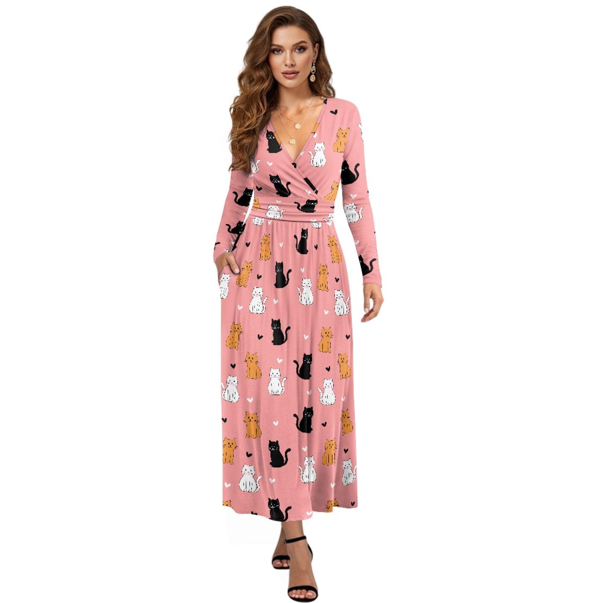 FKELYI Pink Cartoon Cat Print Womens Fall Maxi Dress V-Neck Long Sleeve ...
