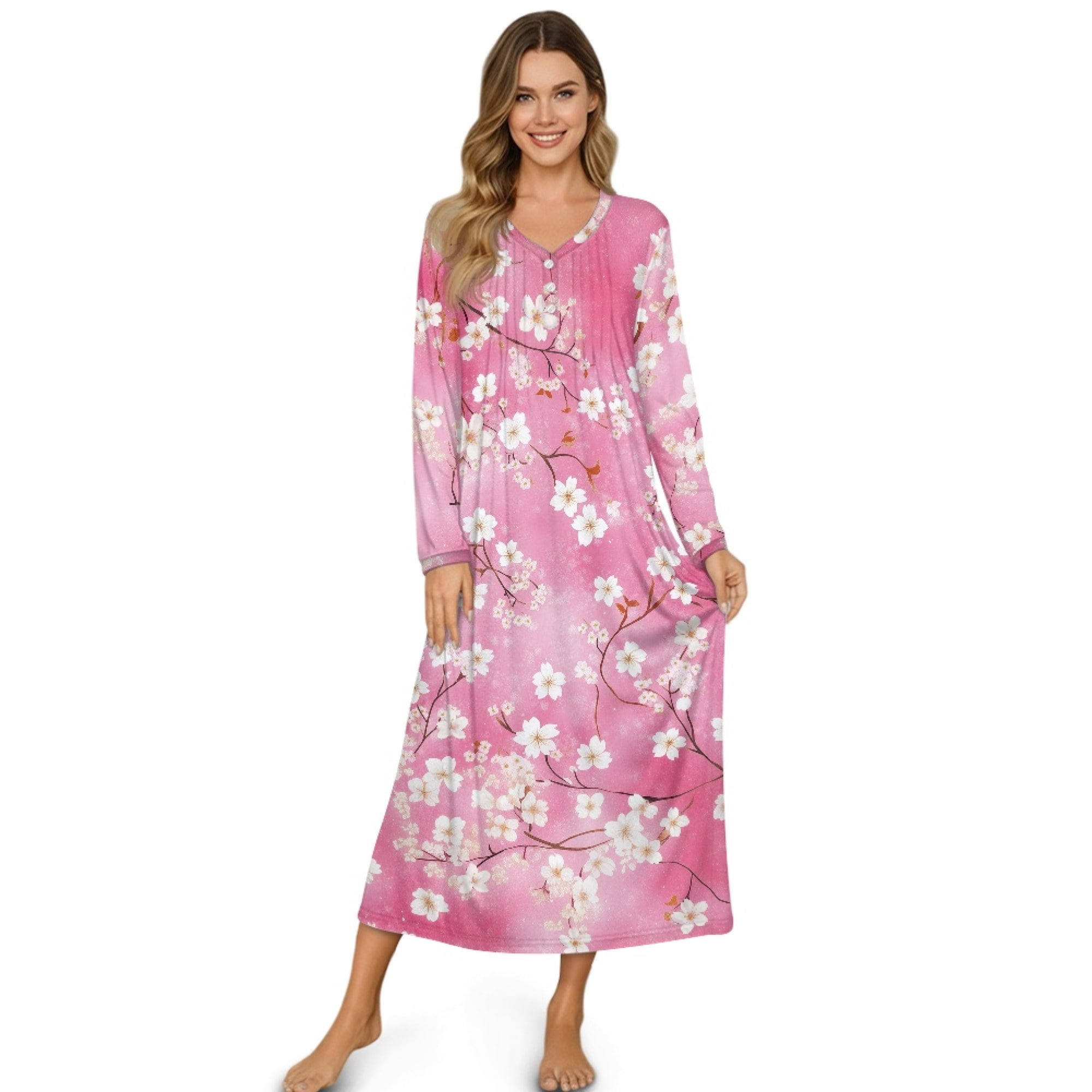 FKELYI Pink Cherry Flower Print Fall Nightgowns Soft House Dress Henley ...
