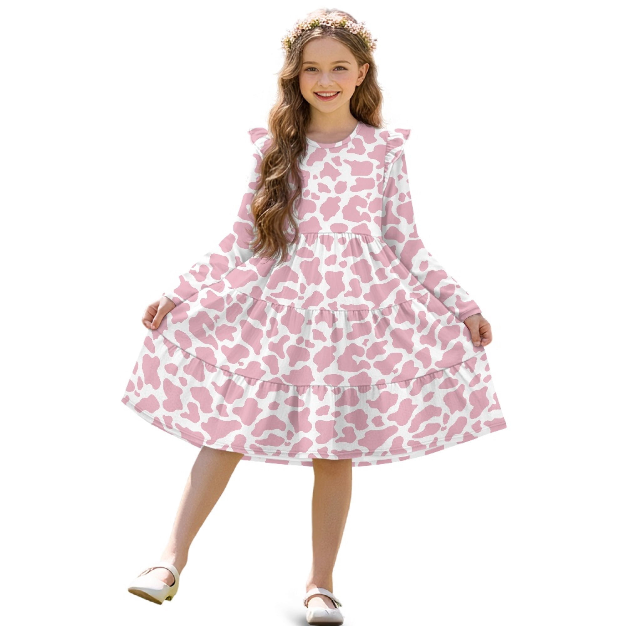 FKELYI Pink Cow Print Toddler Girl Long Sleeve Dresses Breathable A ...