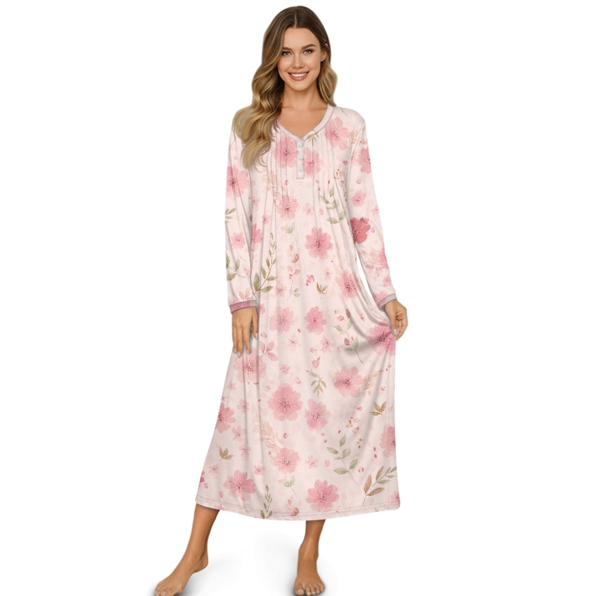 FKELYI Pink Flower Print Fall Nightgowns Soft House Dress Henley Neck ...