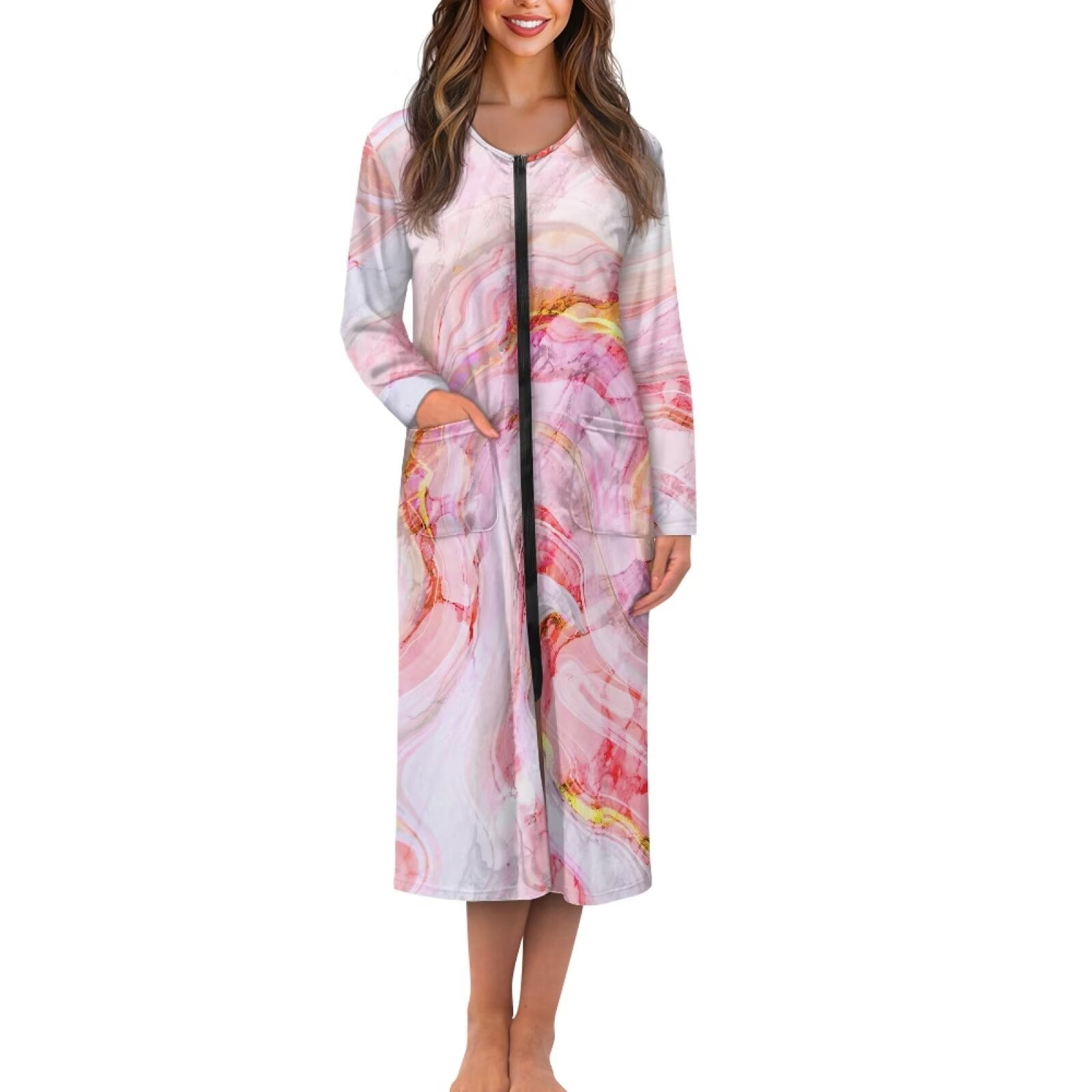 FKELYI Pink Marble Texture Print Zippered Robes Women's Long Sleeve ...