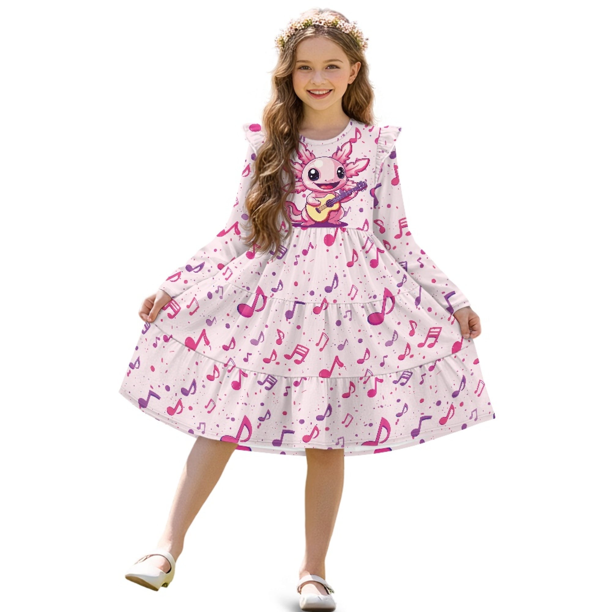 FKELYI Pink Musical Note Axolotl Print Girls Crewneck Dress A-Line ...