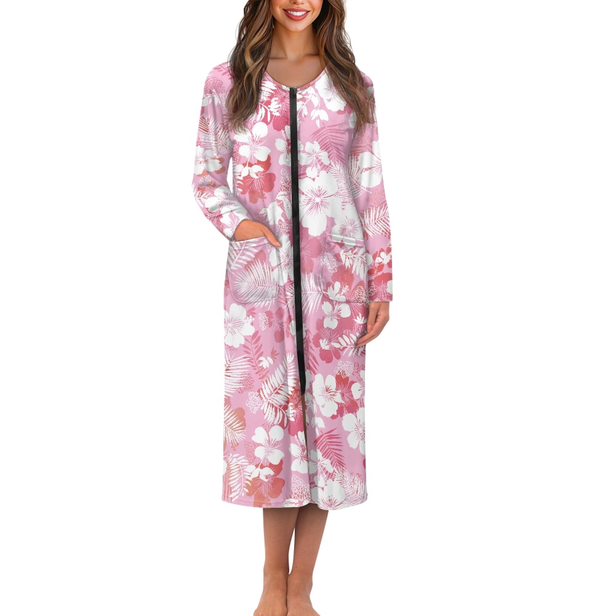 FKELYI Pink Palm Leaf Hibiscus Flower Print Women Zip Up Robe ...