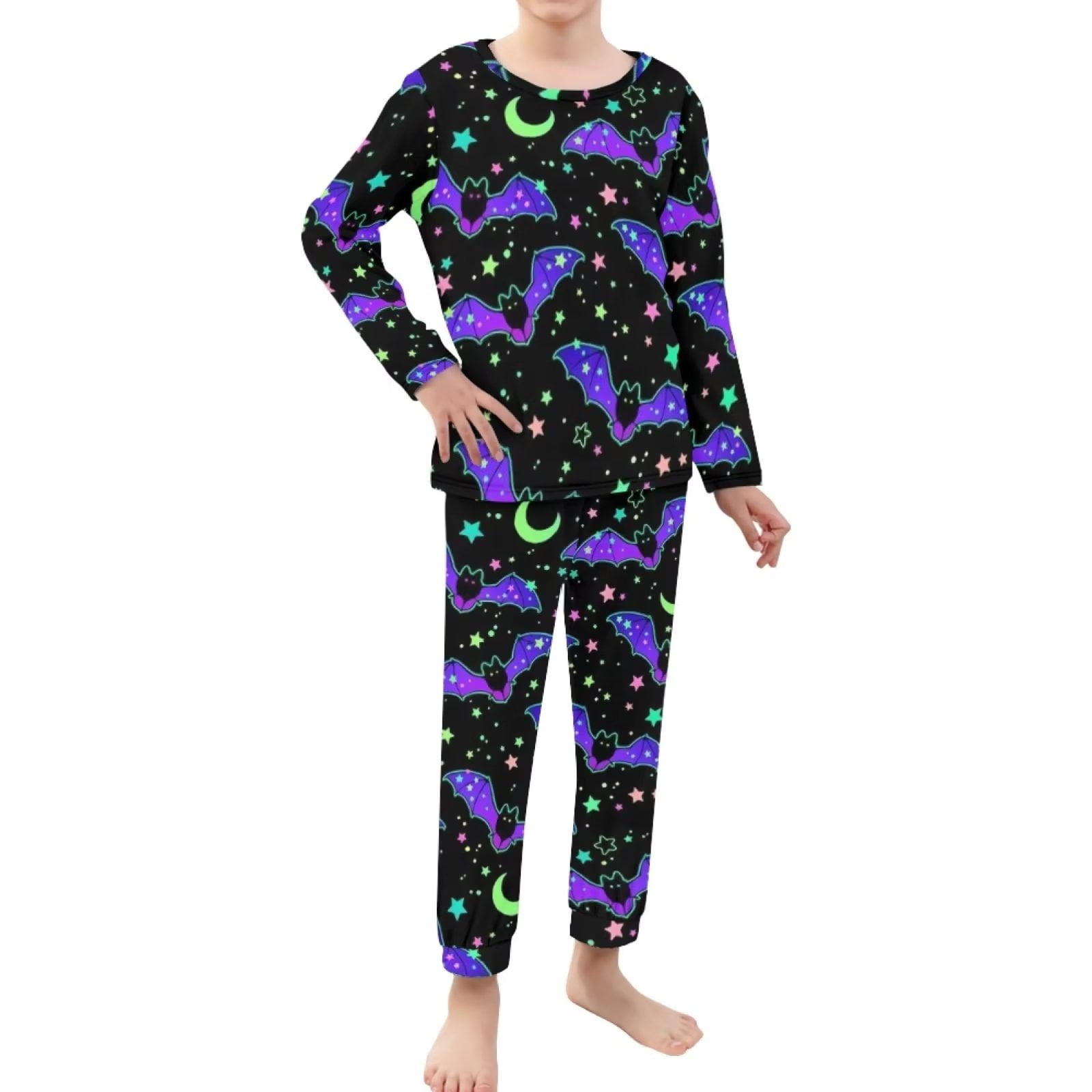 FKELYI Psychedelic Bat Pj Comfy Halloween Hoilday Crew Neck Sleepwear ...
