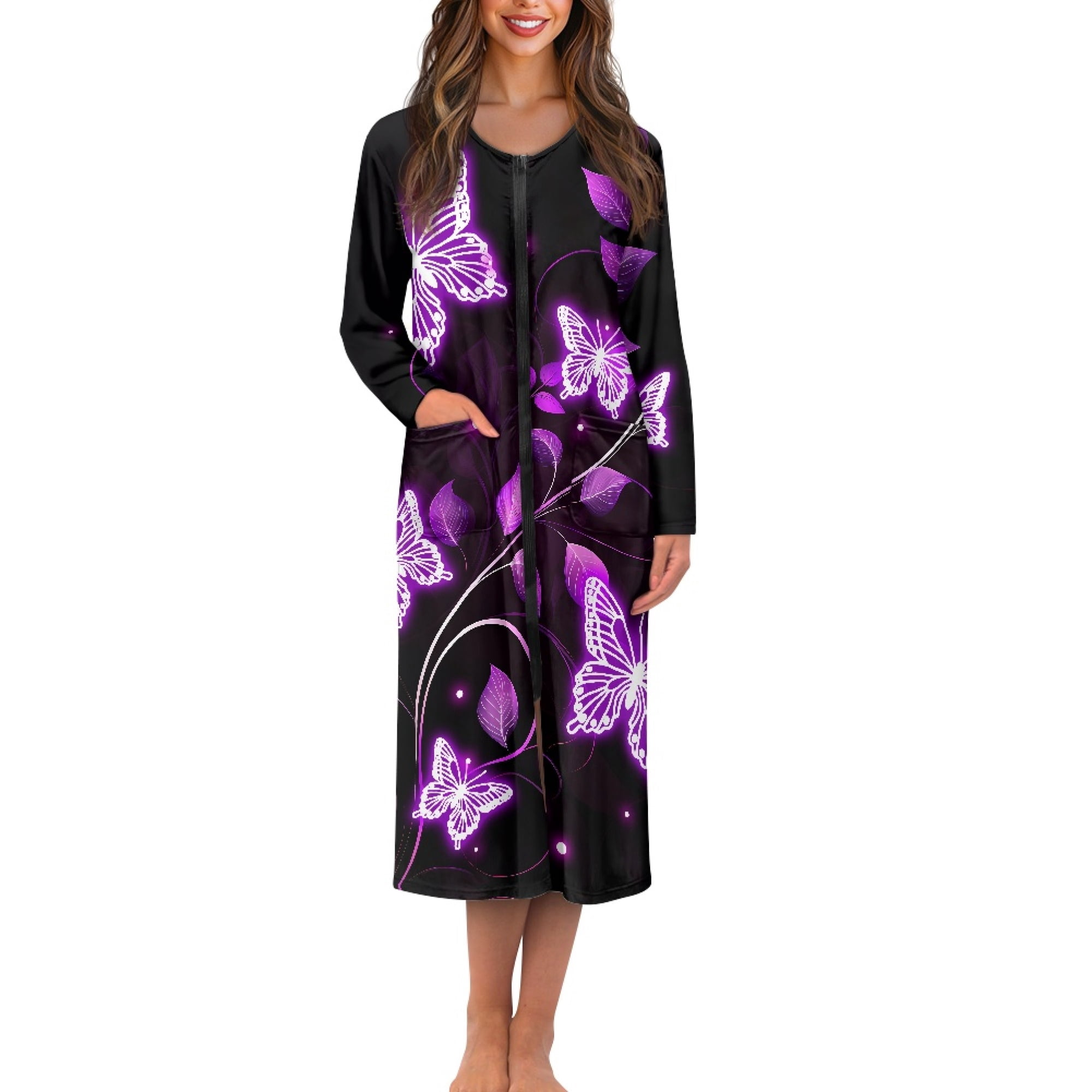 FKELYI Purple Butterfly Leaf Print Women Zip-Up Front Nightgowns Comfy ...