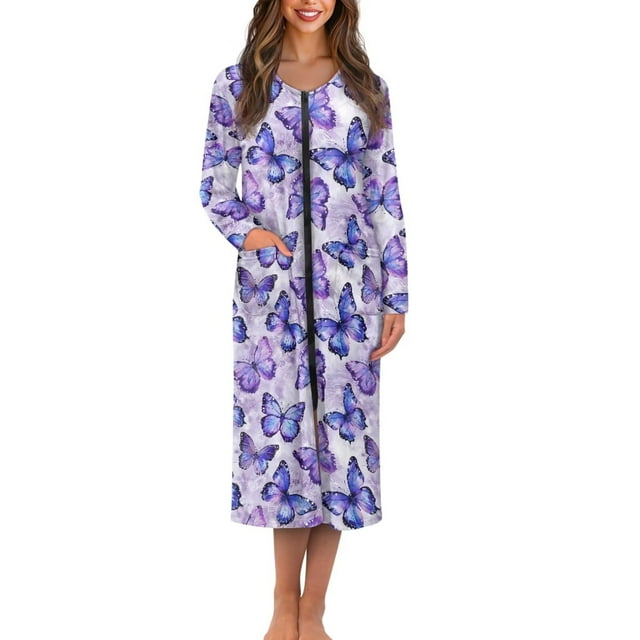 FKELYI Purple Butterfly Print Zipper Front Robes Nightgown Women ...