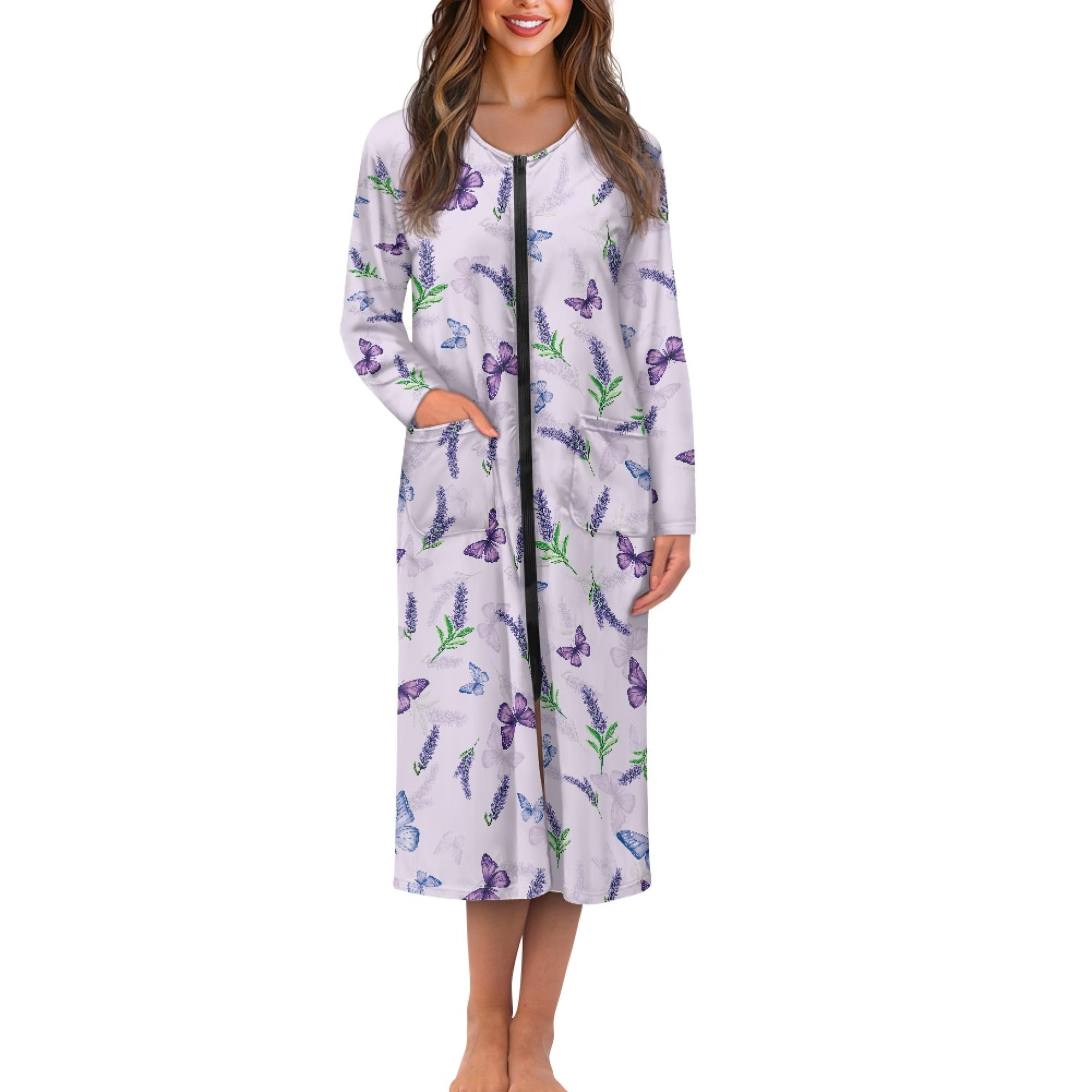 FKELYI Purple Lavender Butterfly Print Zip-Up Front Nightgowns for ...