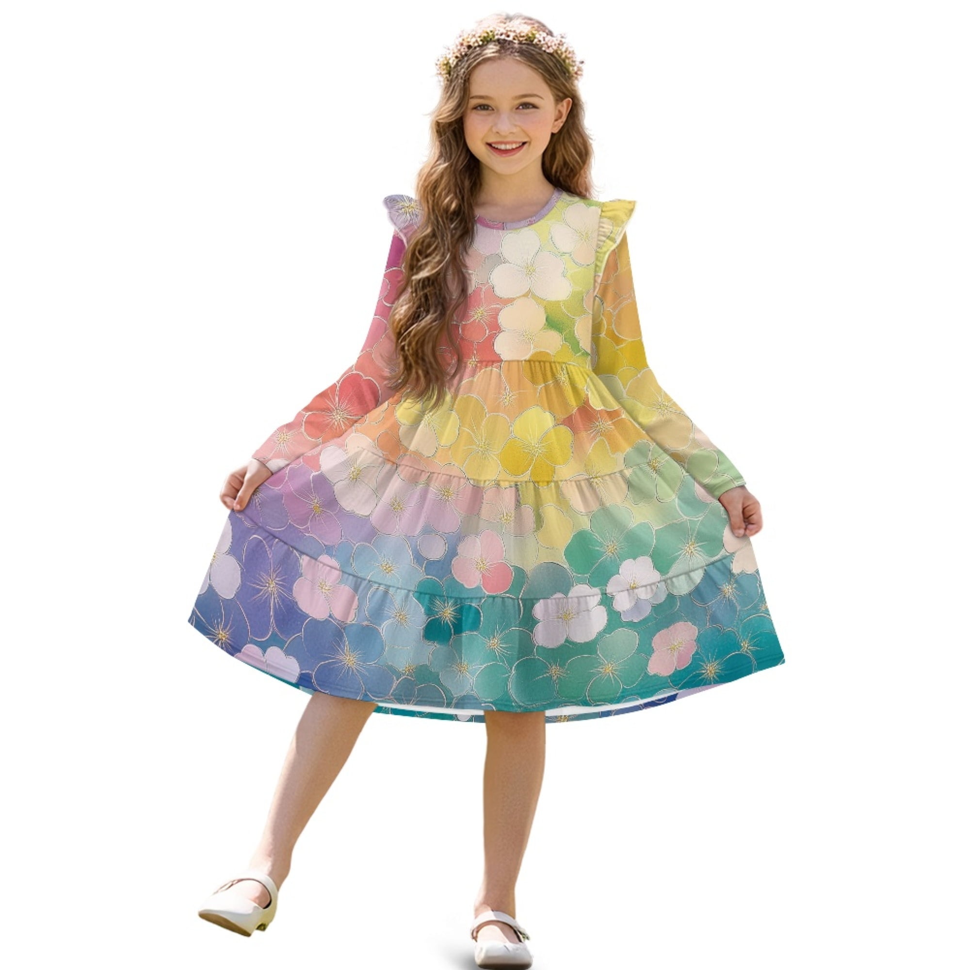 FKELYI Rainbow Flower Print Long Sleeve Dress for Girls Tiered Swing ...