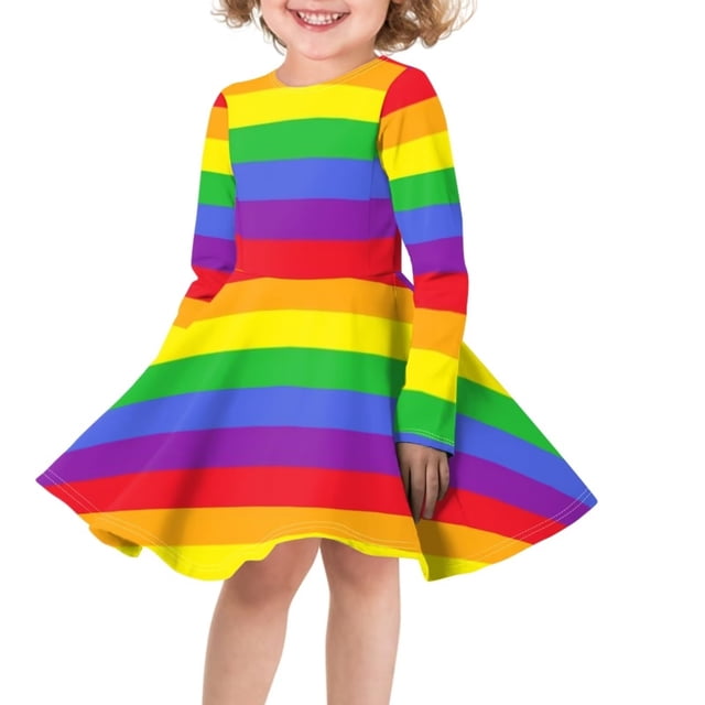 FKELYI Rainbow Stripes Long Sleeve Dress for Kids Stretchy Crew Neck ...