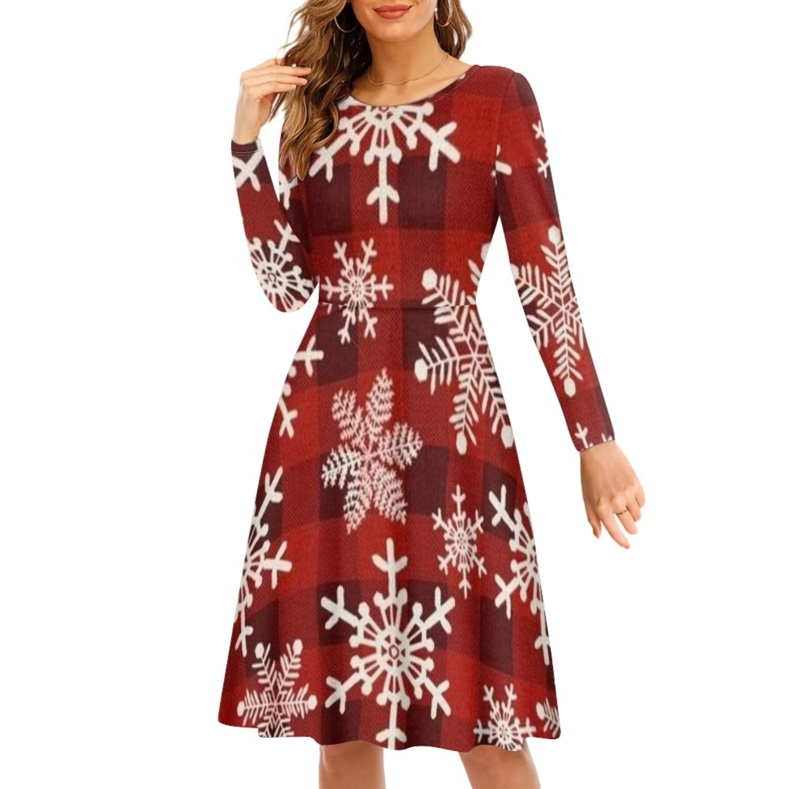 FKELYI Red Xmas Women Dress Size 3XL Leisure Snowflake Buffalo Grid ...