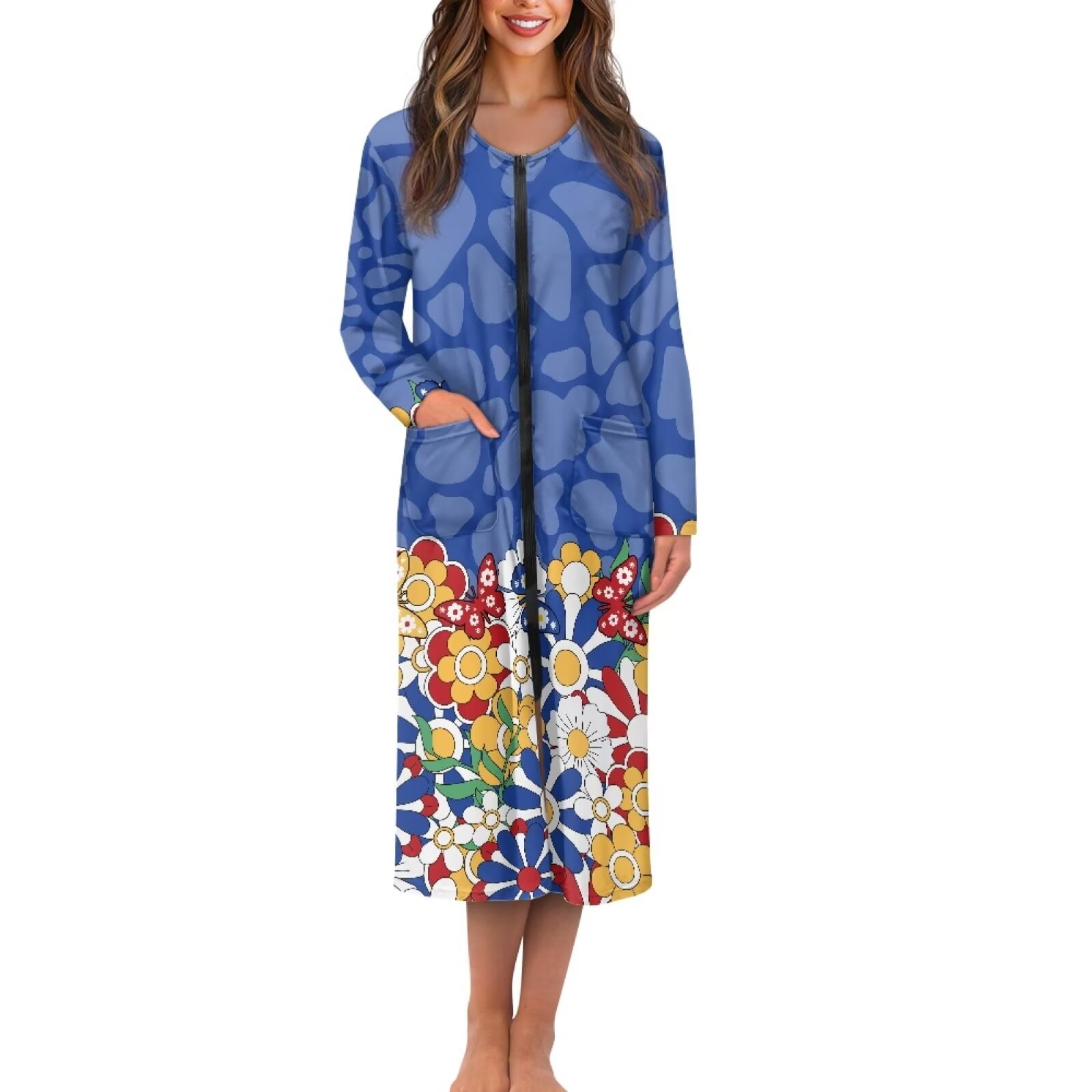 FKELYI Retro Cute Flower Blue Print Women Zippered Nightgowns with 2 ...