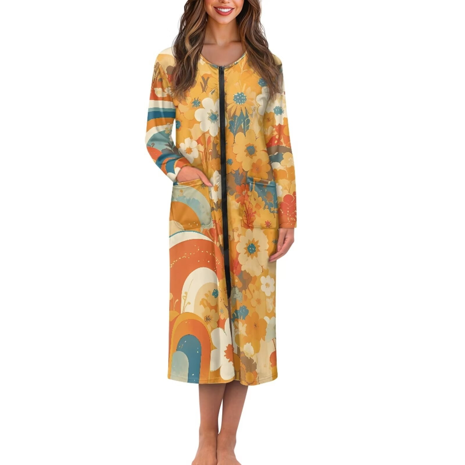 FKELYI Retro Flower Print Zippered Nightgowns for Women Ladies Long ...