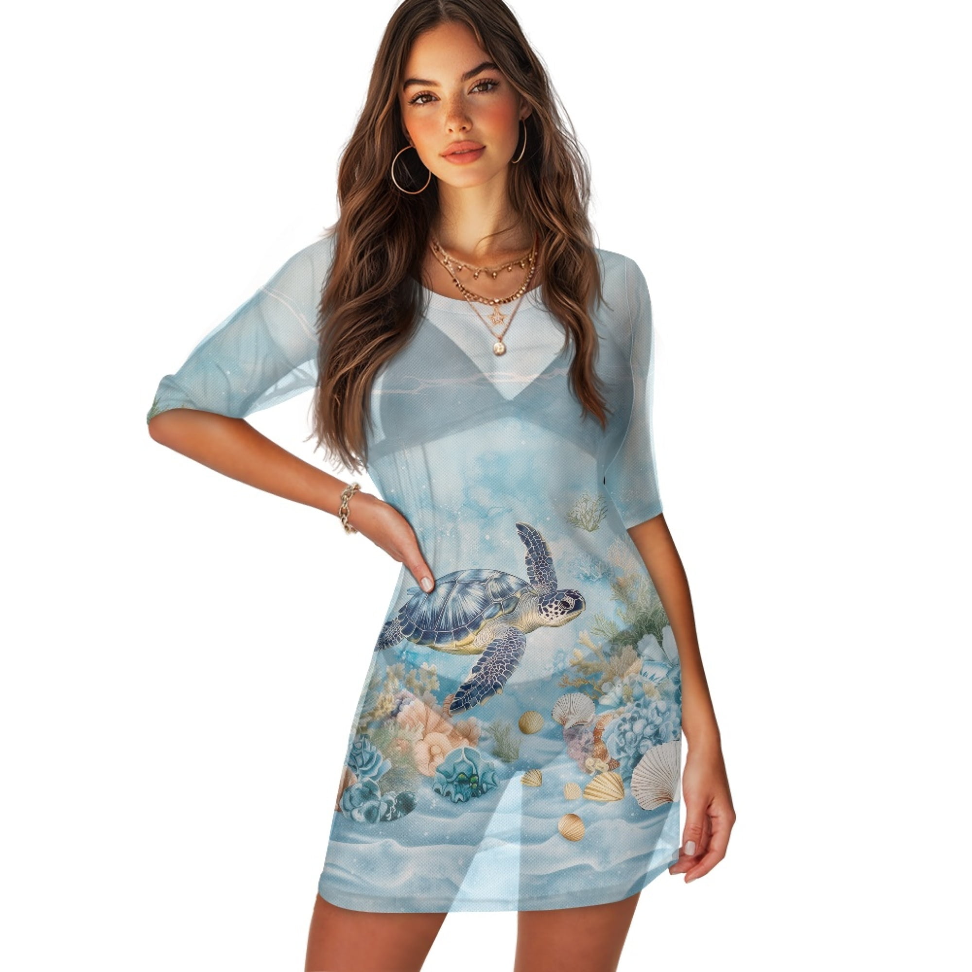 FKELYI Sea Turtle Coral Print Women's Swimsuit Coverup Round Neck ...