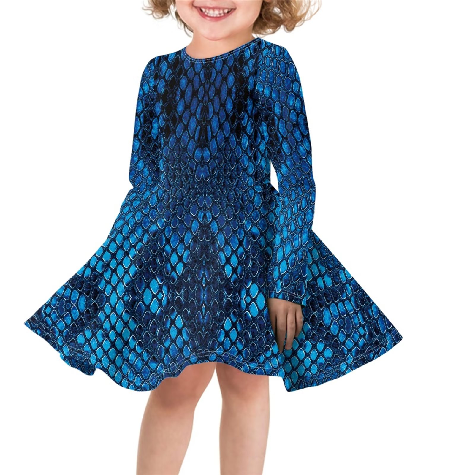 FKELYI Size 13-14 T Long Sleeve Dresses Comfortable Blue Scale Twirly ...