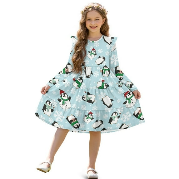 FKELYI Snowflake Penguine Print Toddler Girl Long Sleeve Dresses ...